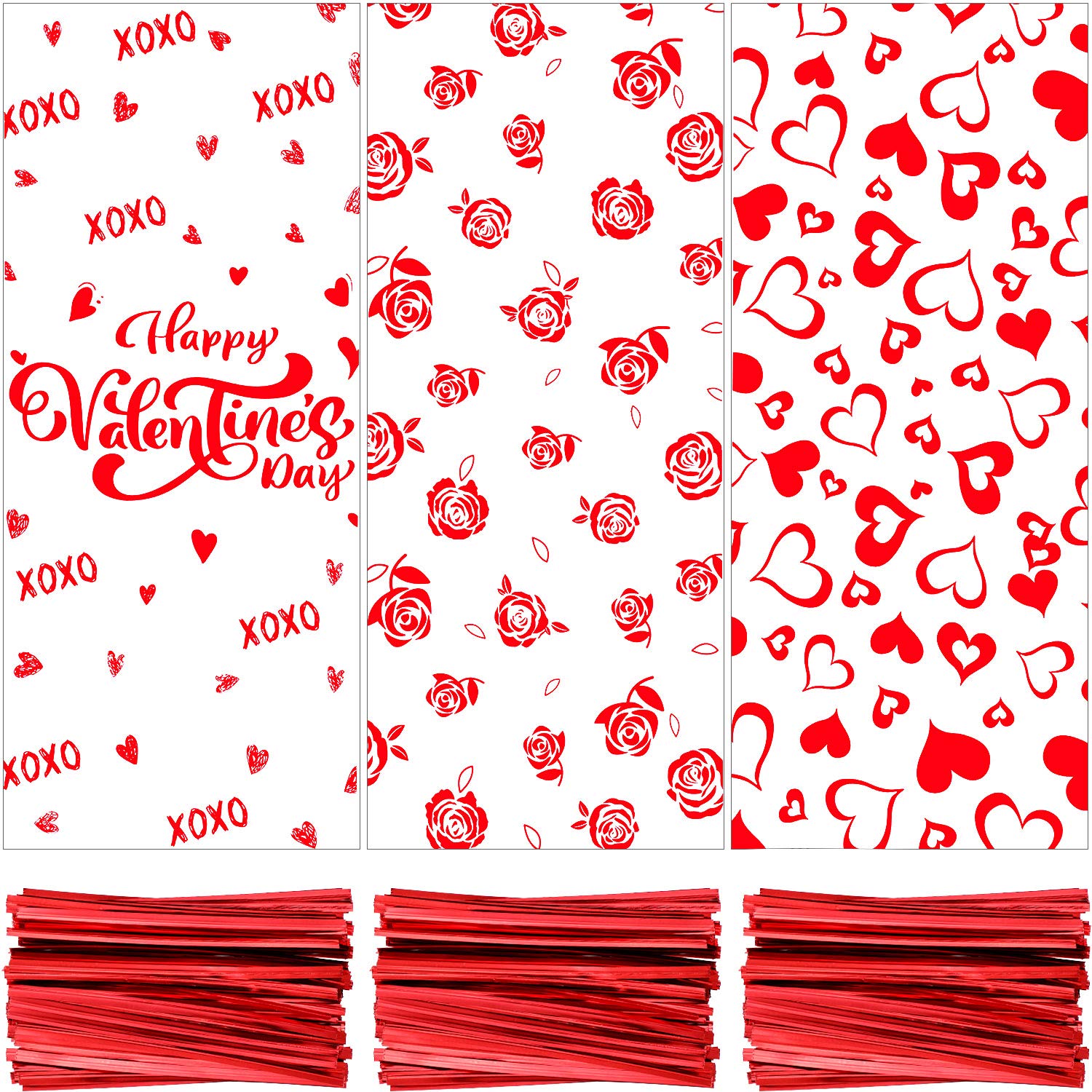 150 Pieces Valentine Cellophane Bags Treat Bags Goodies Bags Candy Bags with 150 Pieces Twist Ties for Valentine's Day Party Favor Supplies (Rose, Heart and Happy Valentine's Day Design)
