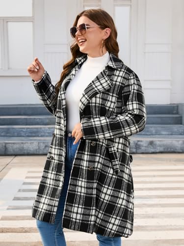 Hanna Nikole Women's Long Double Breasted Trench Coat with Belt Plus Midi Length Black Plaid Overcoat 3X