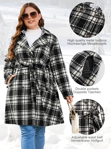 Hanna Nikole Women's Long Double Breasted Trench Coat with Belt Plus Midi Length Black Plaid Overcoat 3X