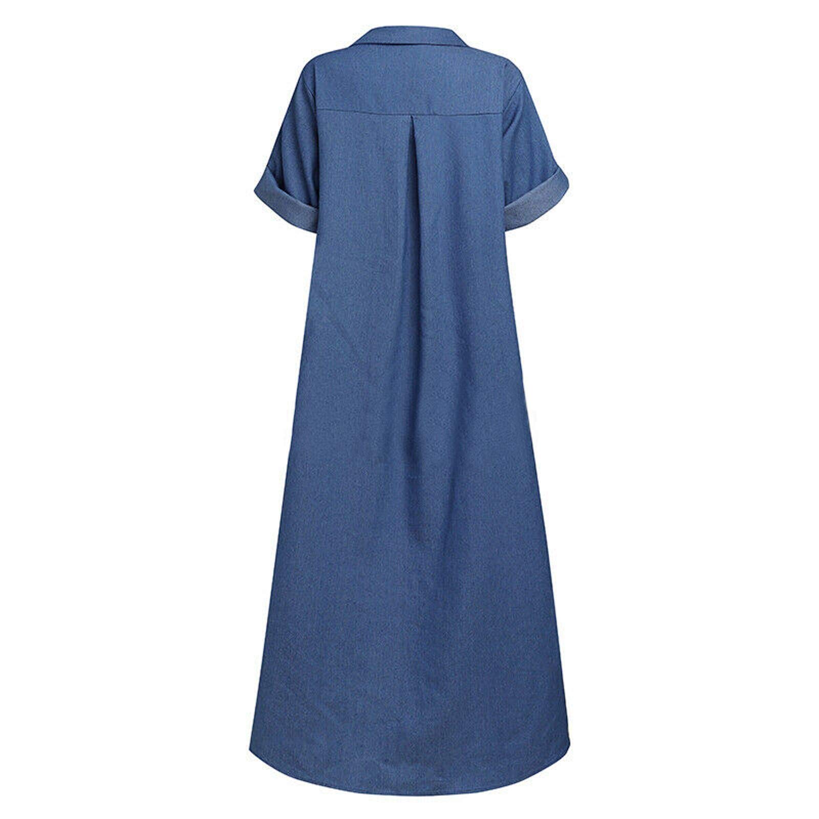 Denim Dresses for Women Long Maxi Dress Casual Denim Dress V-Neck Roll Sleeve Button Loose Summer Dress Plus Size