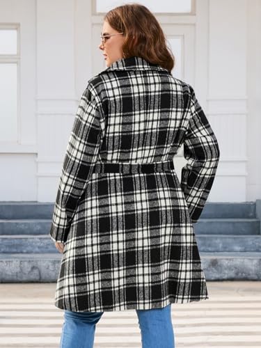 Hanna Nikole Women's Long Double Breasted Trench Coat with Belt Plus Midi Length Black Plaid Overcoat 3X