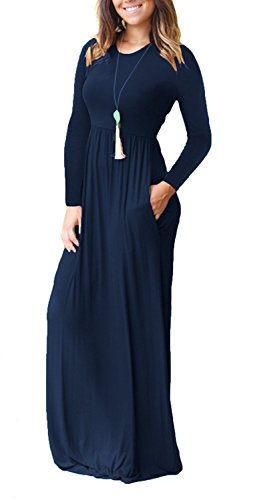 GRECERELLE Women Casual Long Sleeve Maxi Dresses Loose Empire Waist Flowy Fall Long Dresses with Pockets Navy Blue, Large