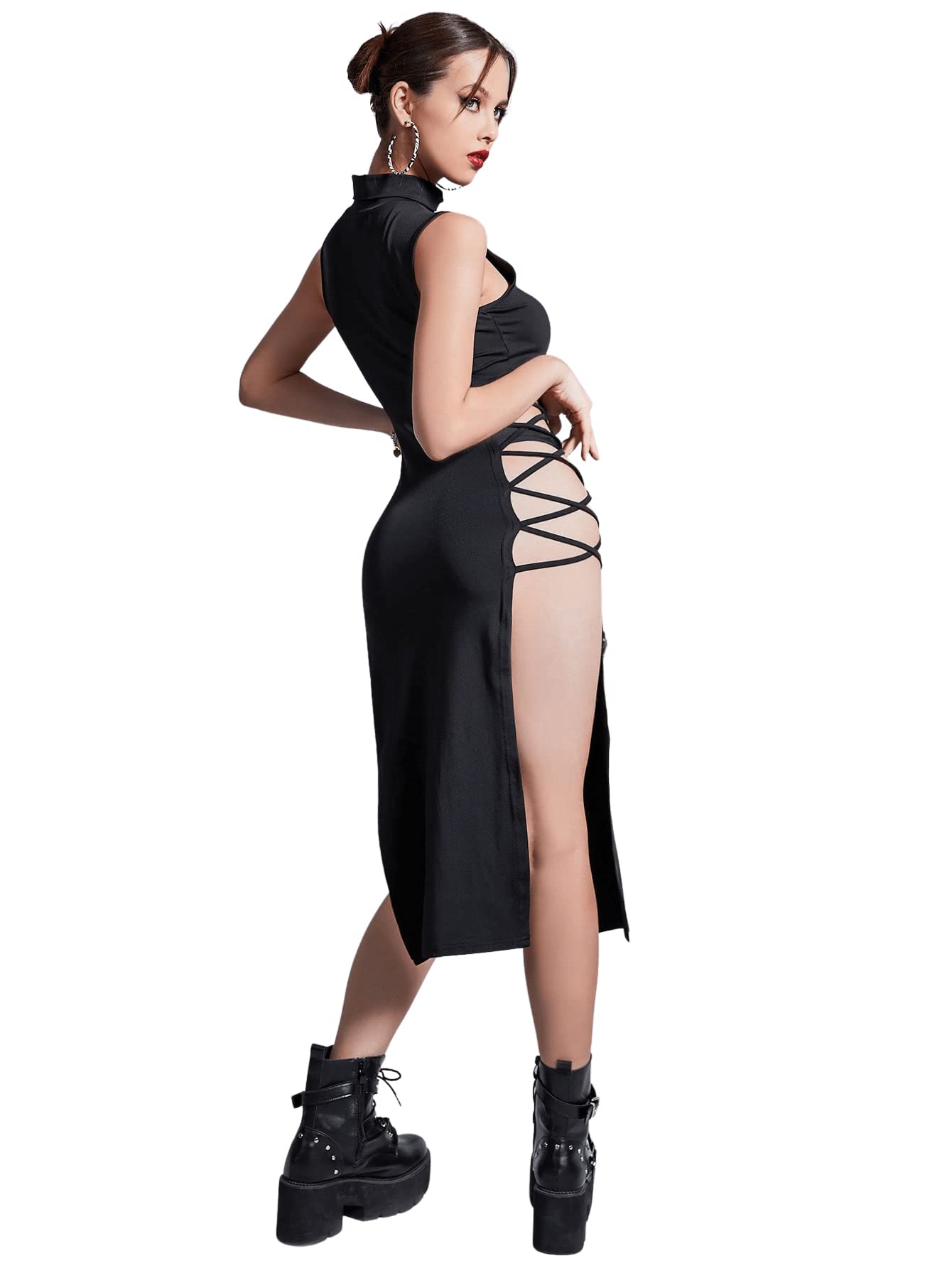Verdusa Women's Crisscross High Split Mock Neck Sleeveless Midi Bodycon Dress Black L