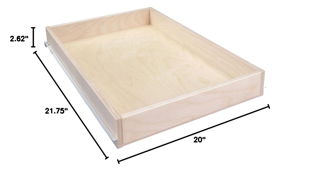 Sliding Pull-Out Shelf For Cabinets (Kitchen Cupboards, Pantry Drawers, Bathroom Storage, etc.) 2 5/8" Tall - 21 3/4" Deep - Includes 3/4 Slides & Base Mounting - Clear Opening Width: (20")