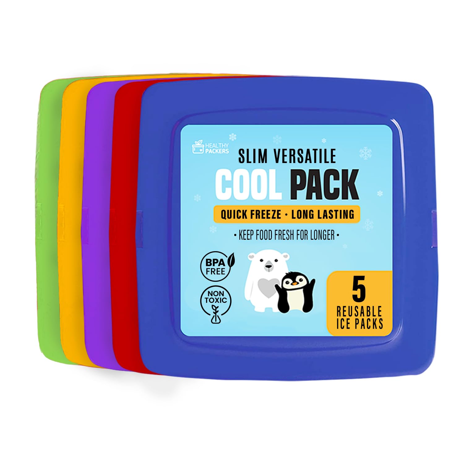Healthy Packers Ice Packs for Lunch Bags - Freezer Packs - Original Cool Pack | Slim & Long-Lasting Reusable Ice Pack for Lunch Box and Cooler Bag (Set of 5)