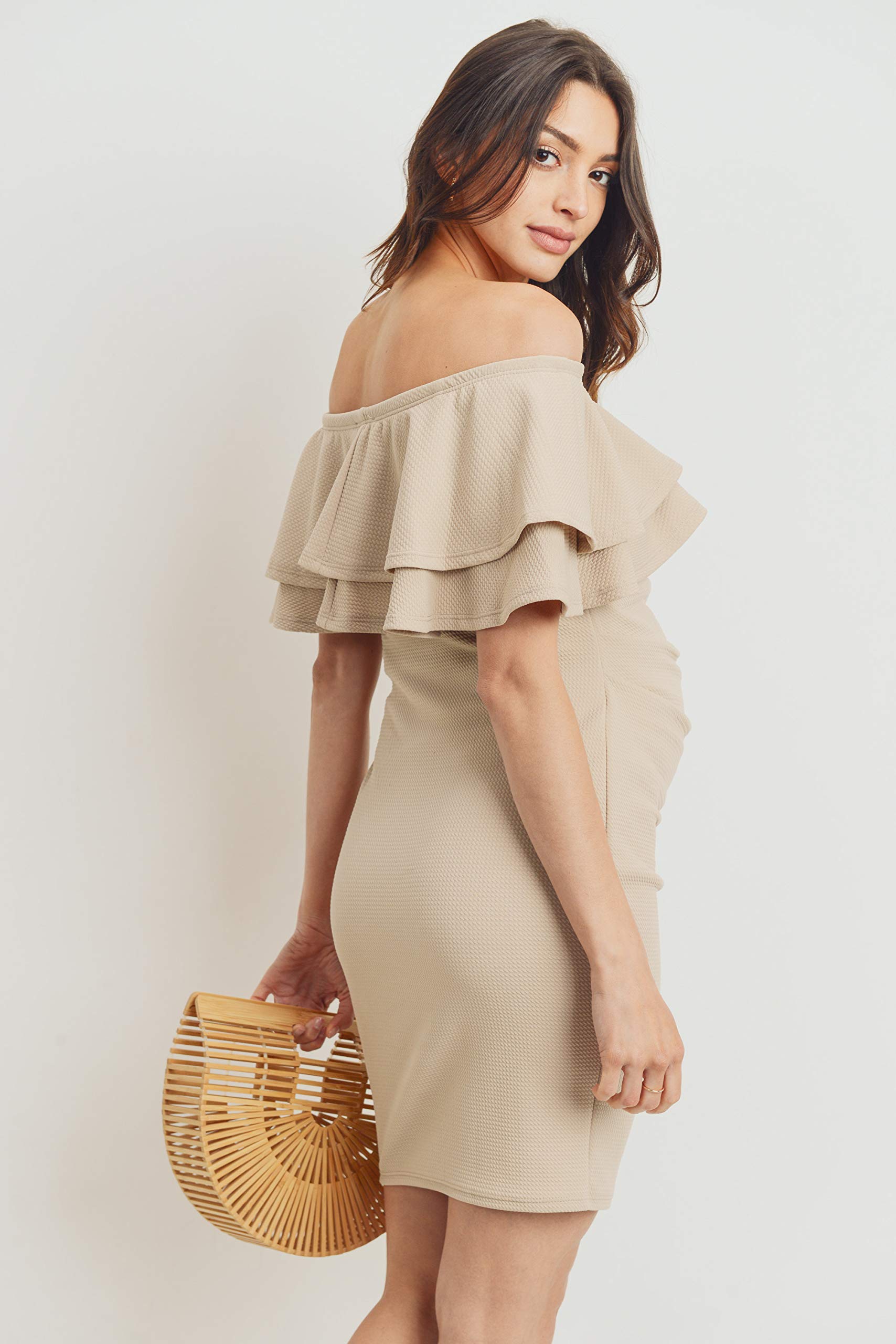 LaClef Women's Off Shoulder Maternity Dress with Double Ruffle, Taupe Solid, Large