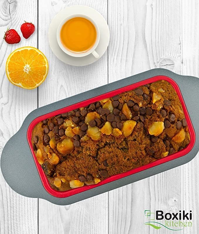 Boxiki Kitchen Premium Baking Set: Silicone 9x5 Inch Bread Loaf Pan & Non-Stick Steel 8.5 Inch Banana Bread Pan with Silicone Handles.