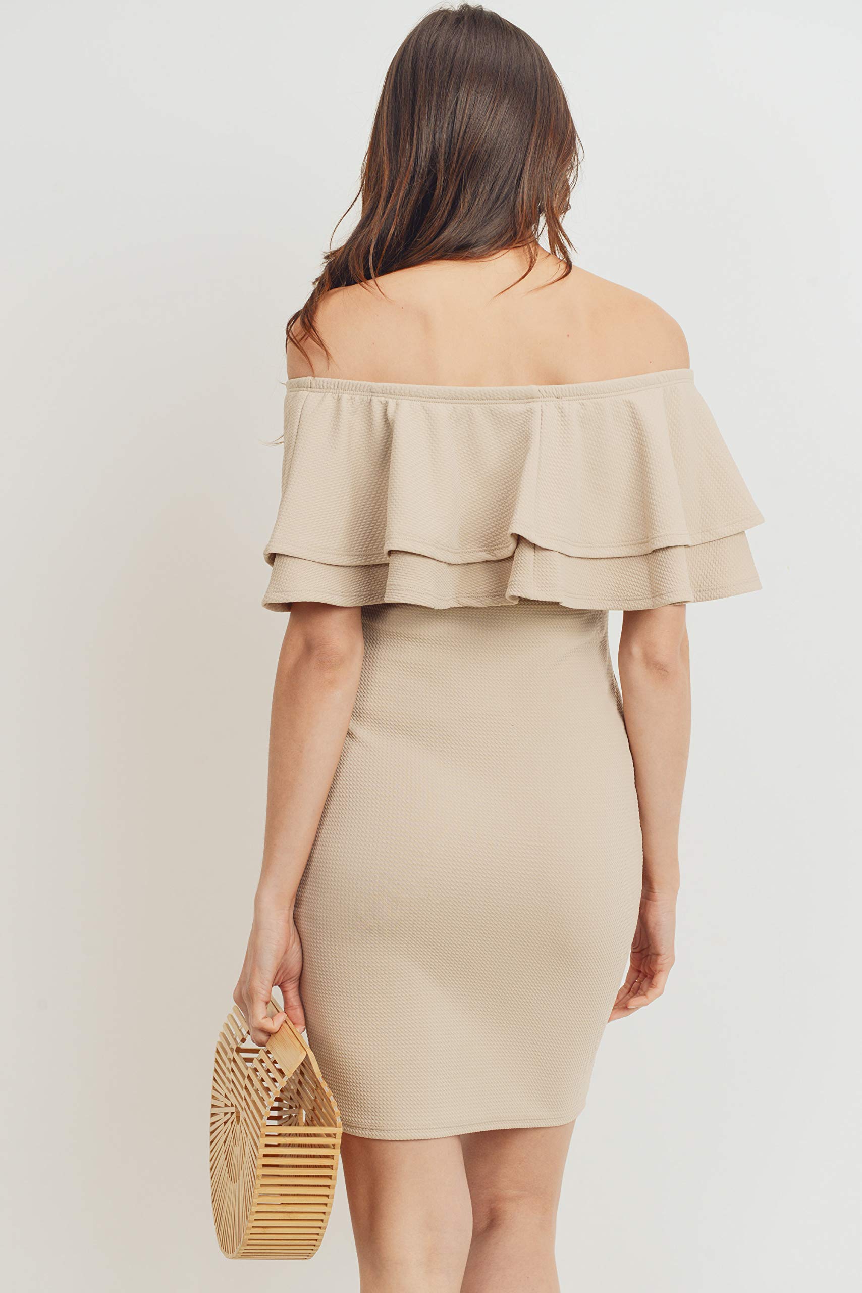 LaClef Women's Off Shoulder Maternity Dress with Double Ruffle, Taupe Solid, Large
