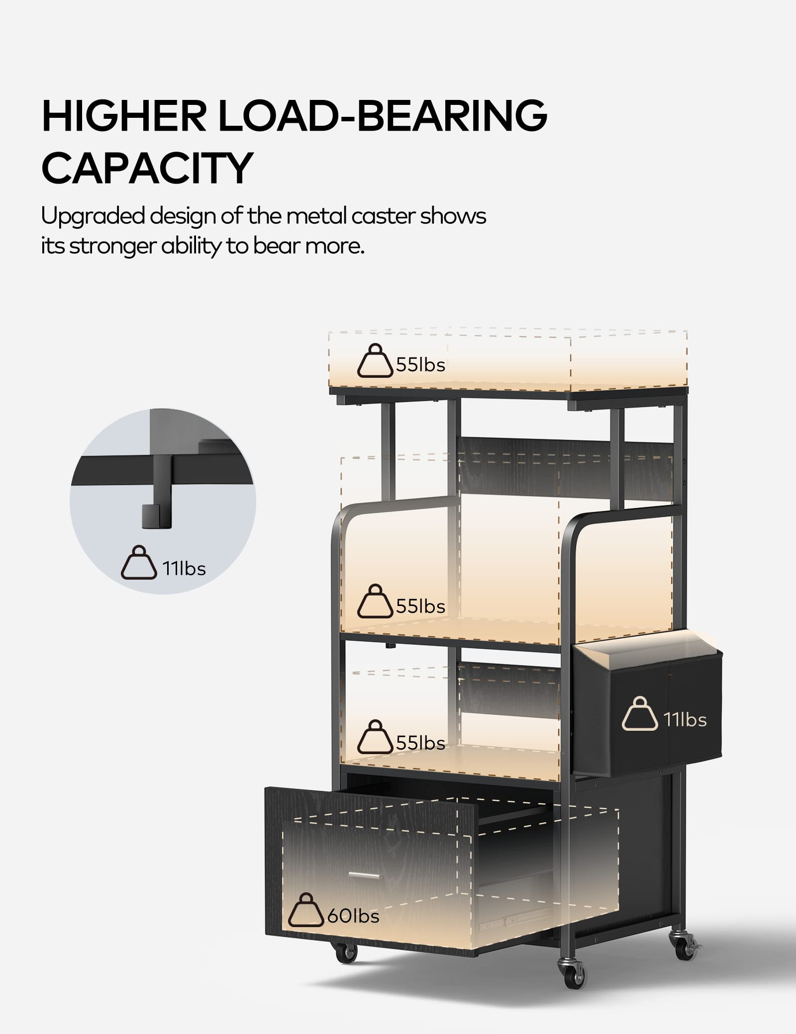 Bealife 3 Tier Home Office Printer Stand with Drawer,Side Canvas Bag, Metal Hook, Tall Mobile Printer Rack Cart with Ample Storage Space, Durable Lockable Casters, Multifunctional in Use - Black