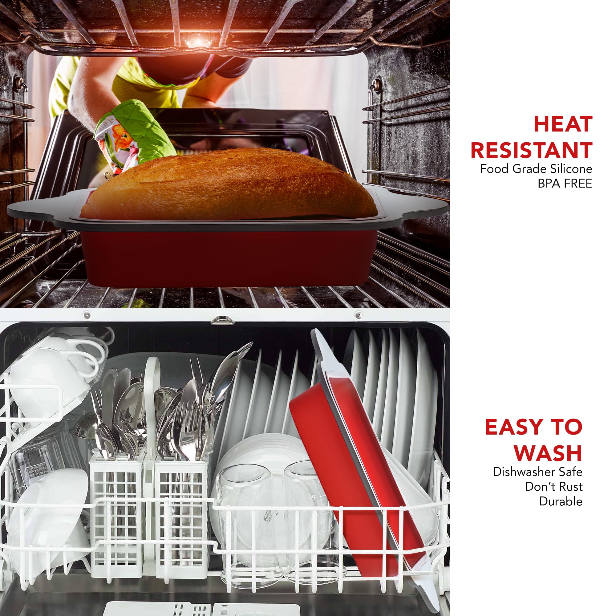 Boxiki Kitchen Premium Baking Set: Silicone 9x5 Inch Bread Loaf Pan & Non-Stick Steel 8.5 Inch Banana Bread Pan with Silicone Handles.