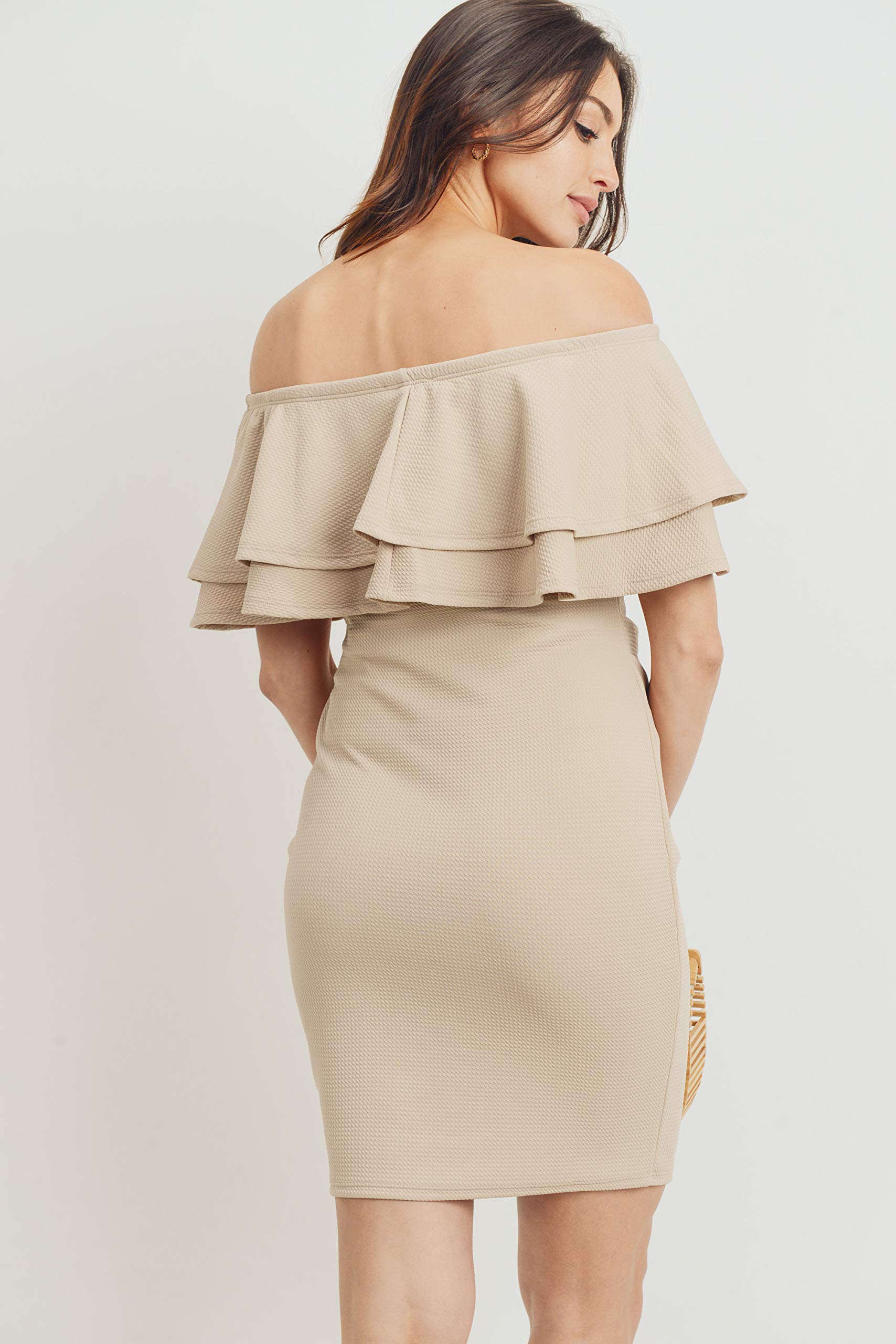 LaClef Women's Off Shoulder Maternity Dress with Double Ruffle, Taupe Solid, Large