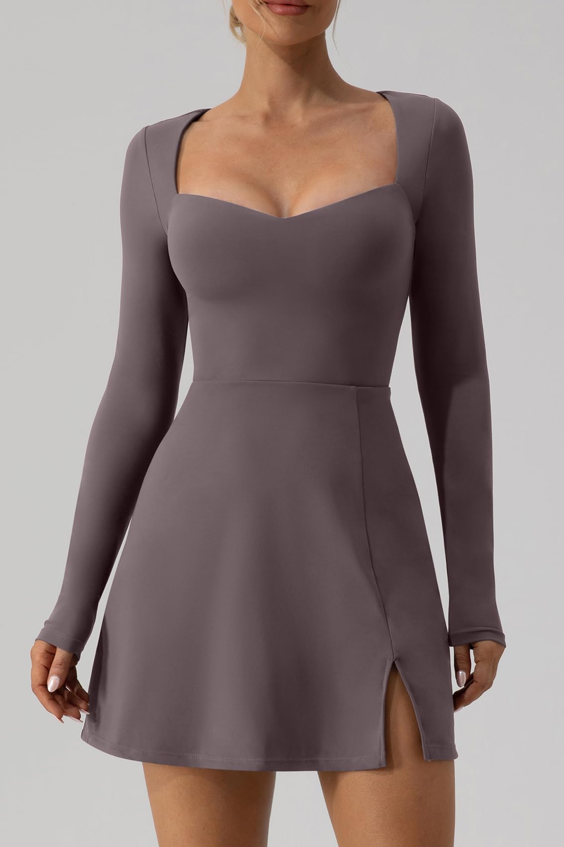 QINSEN Womens Sexy Sweetheart Neckline Double Lined Top Long Sleeve Athleisure Mini Dress Tea Leaf M