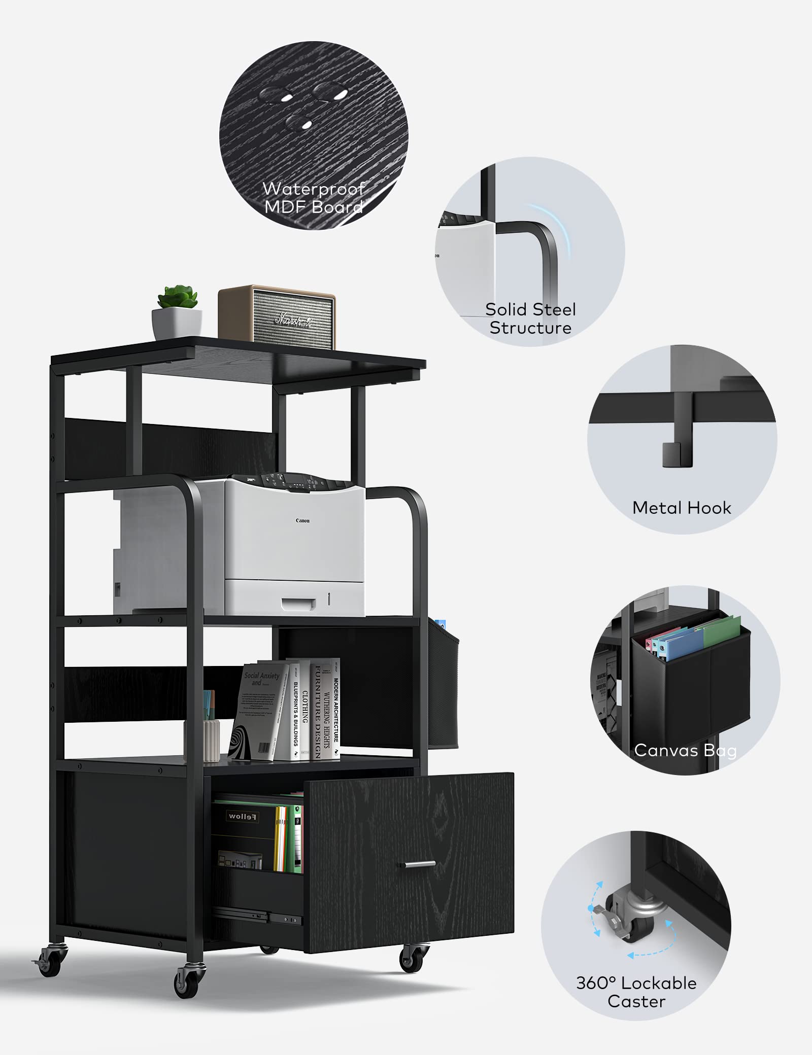 Bealife 3 Tier Home Office Printer Stand with Drawer,Side Canvas Bag, Metal Hook, Tall Mobile Printer Rack Cart with Ample Storage Space, Durable Lockable Casters, Multifunctional in Use - Black