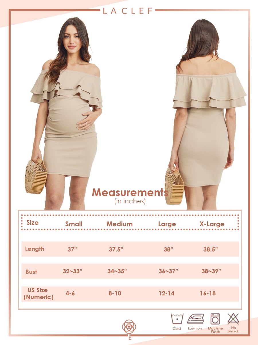 LaClef Women's Off Shoulder Maternity Dress with Double Ruffle, Taupe Solid, Large