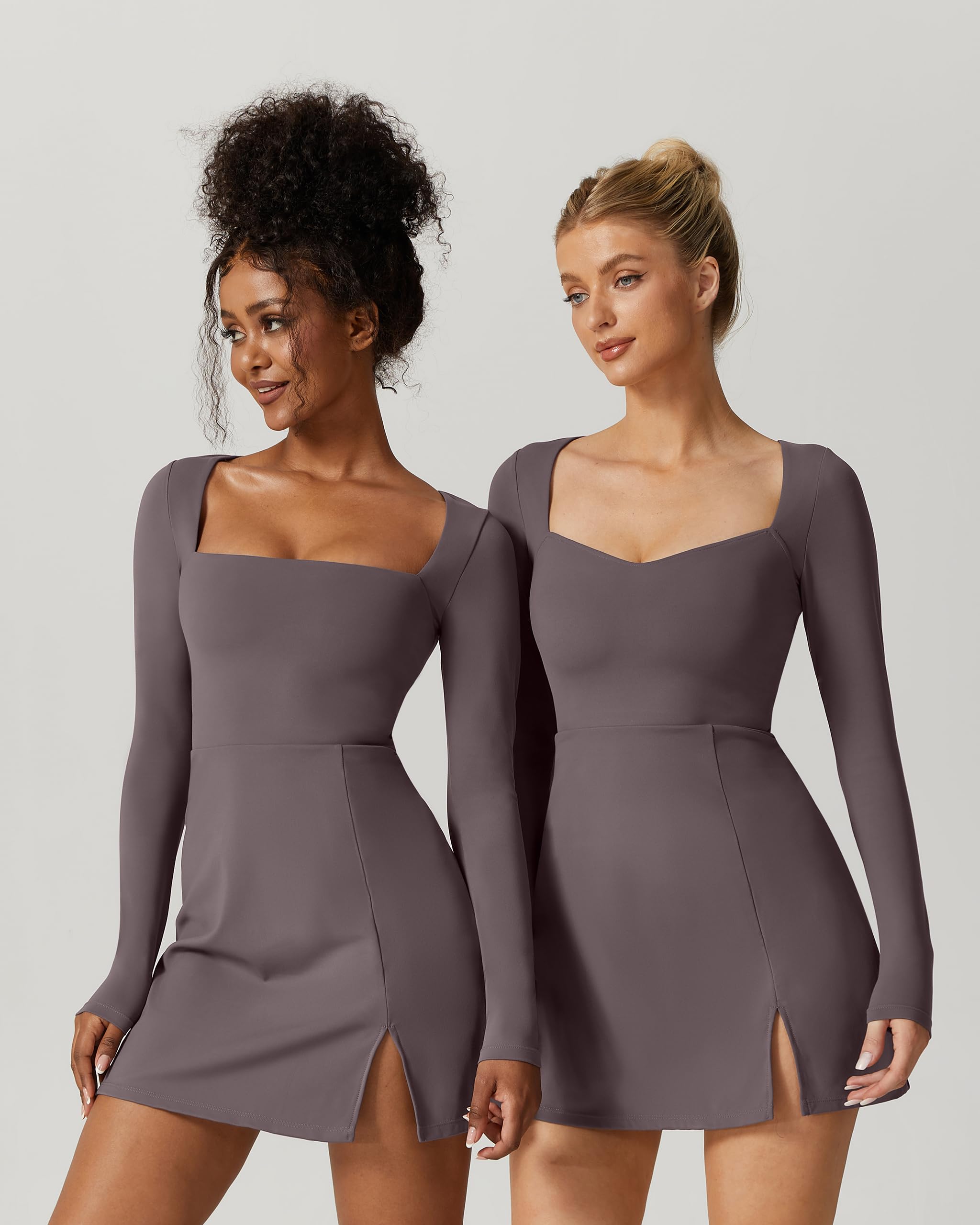 QINSEN Womens Sexy Sweetheart Neckline Double Lined Top Long Sleeve Athleisure Mini Dress Tea Leaf M