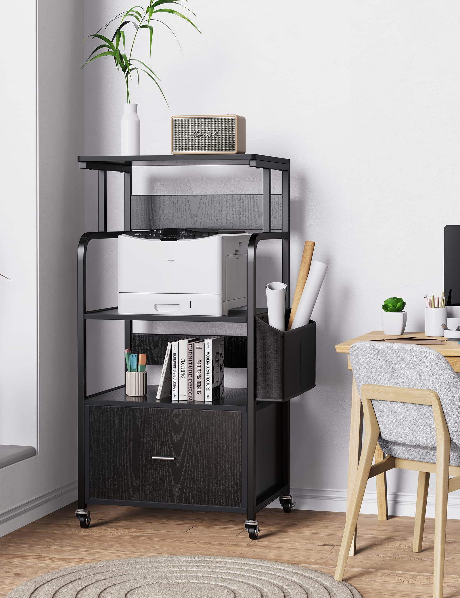 Bealife 3 Tier Home Office Printer Stand with Drawer,Side Canvas Bag, Metal Hook, Tall Mobile Printer Rack Cart with Ample Storage Space, Durable Lockable Casters, Multifunctional in Use - Black