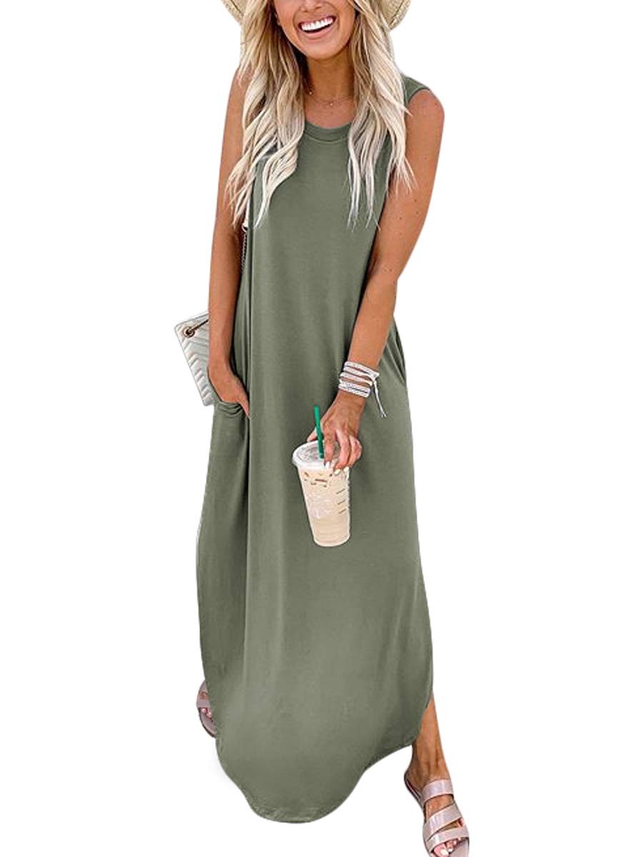 ANRABESS Women Casual Loose Sundress Sleeveless Split Maxi Long Beach Shirt Dress Travel Vacation 2025 Summer Outfits Olive Large
