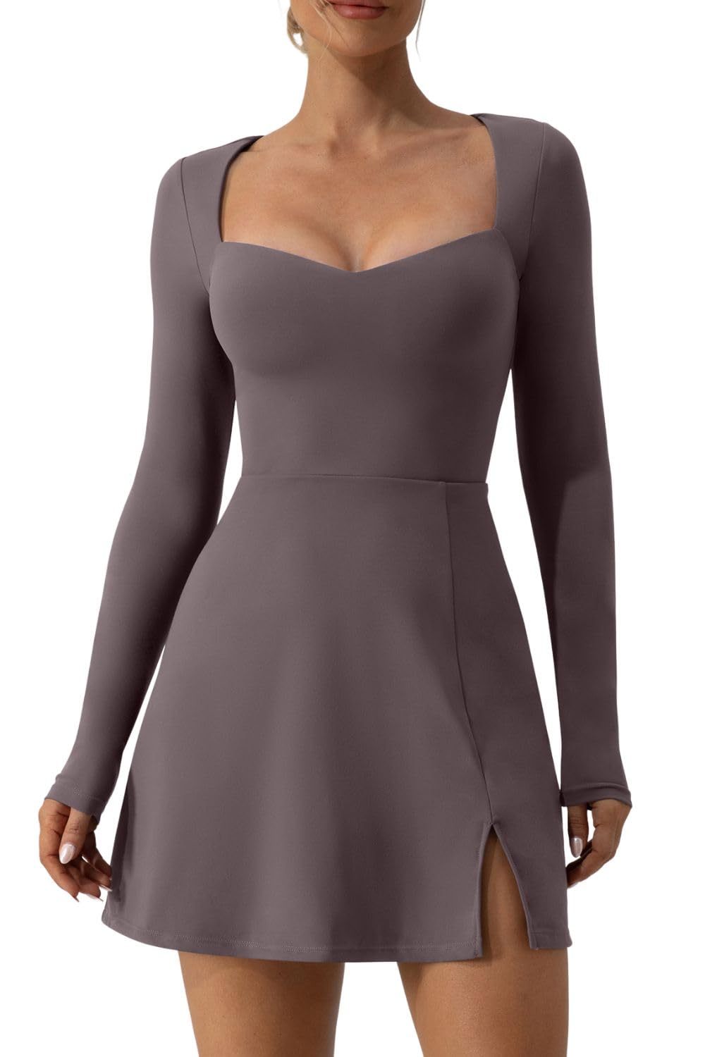 QINSEN Womens Sexy Sweetheart Neckline Double Lined Top Long Sleeve Athleisure Mini Dress Tea Leaf M