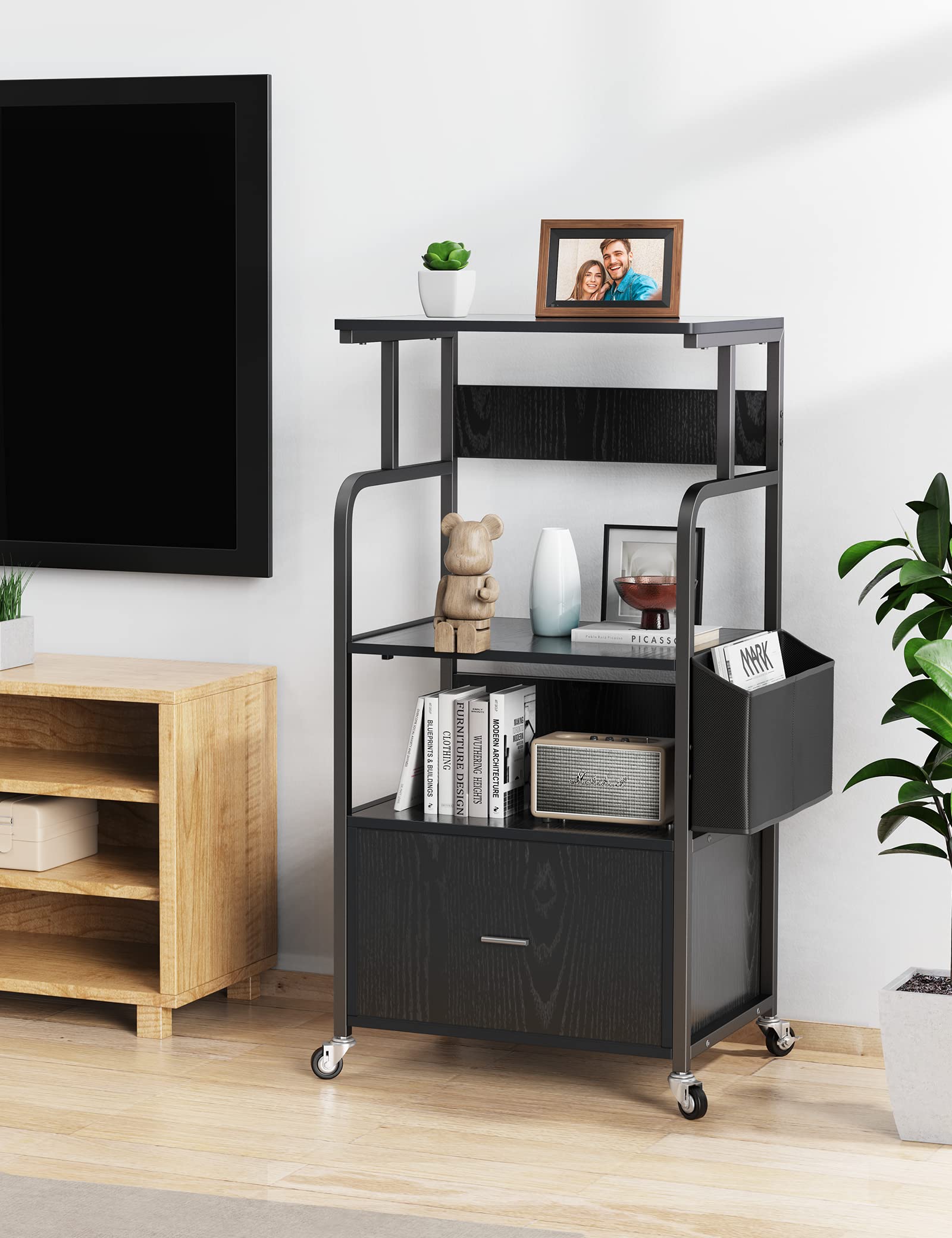 Bealife 3 Tier Home Office Printer Stand with Drawer,Side Canvas Bag, Metal Hook, Tall Mobile Printer Rack Cart with Ample Storage Space, Durable Lockable Casters, Multifunctional in Use - Black