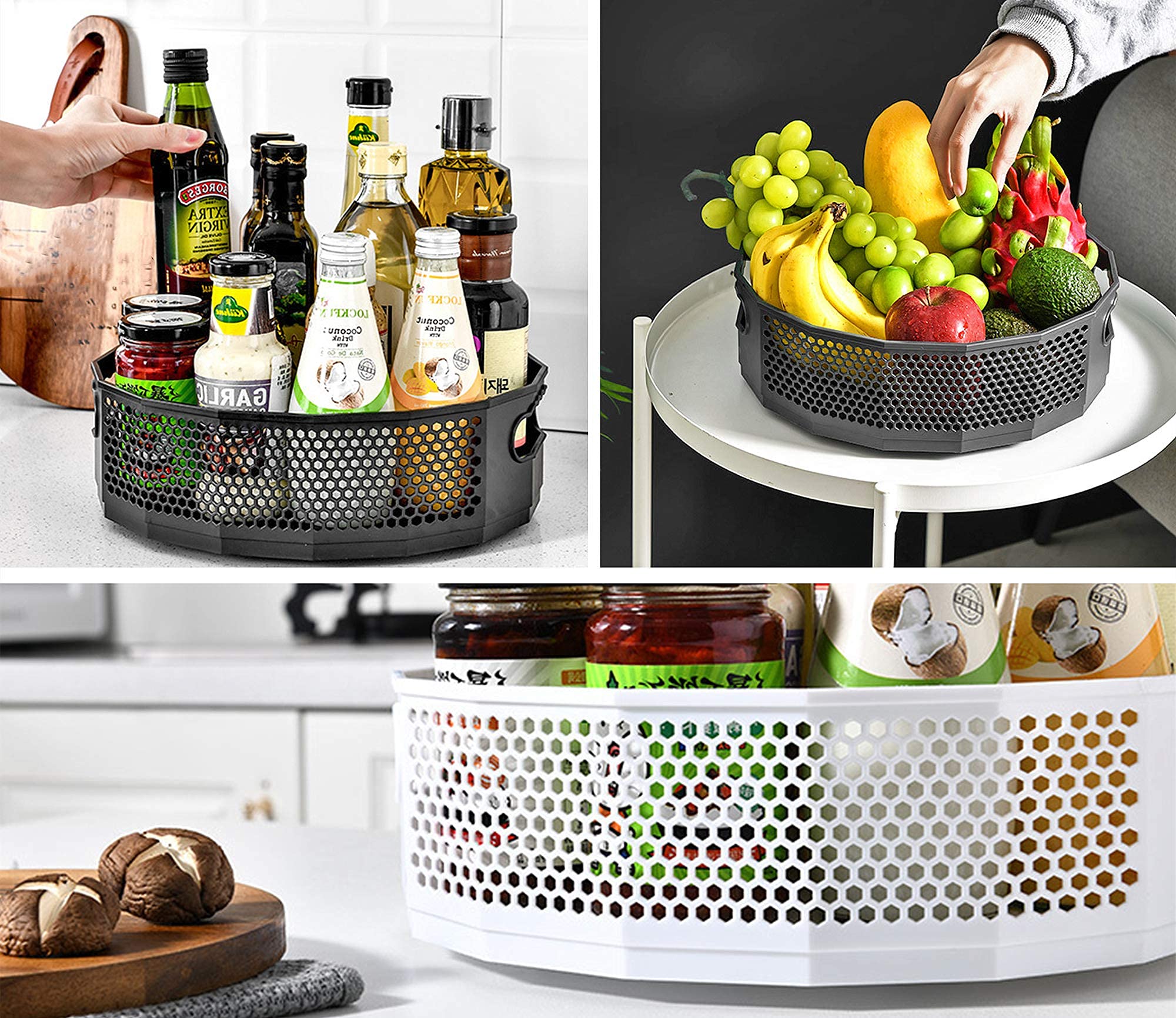 YEAVS 2 Pack Spinning Lazy Susan Turntable, Deep Plastic Spice Condiment Holder Makeup Organizer Multifunctional for Kitchen Fridge Bathroom Counter Top (Black)