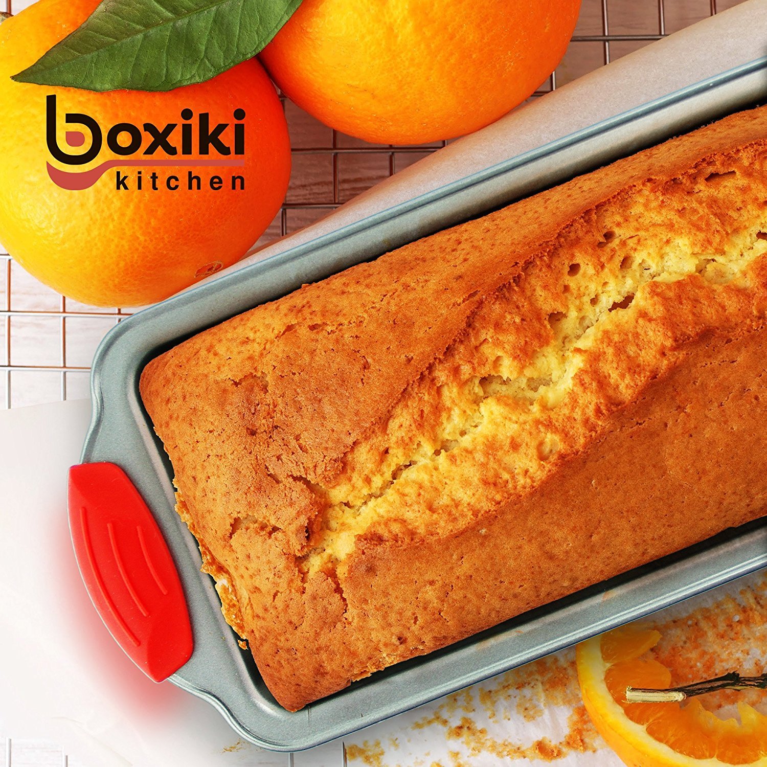 Boxiki Kitchen Premium Baking Set: Silicone 9x5 Inch Bread Loaf Pan & Non-Stick Steel 8.5 Inch Banana Bread Pan with Silicone Handles.
