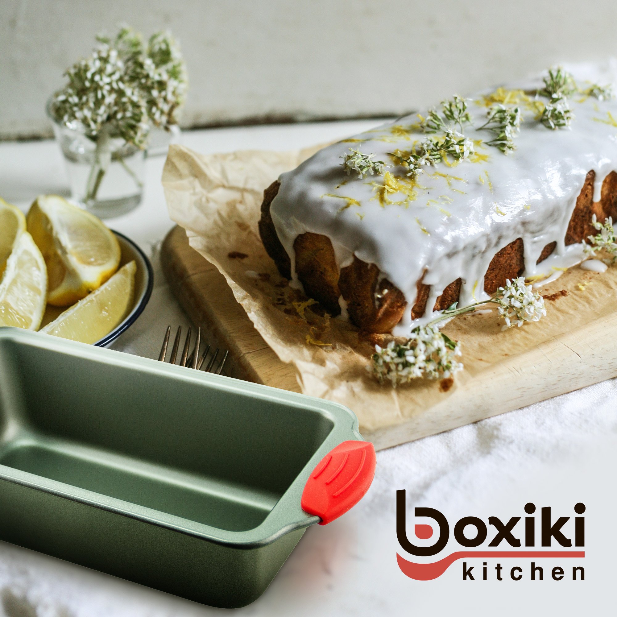 Boxiki Kitchen Premium Baking Set: Silicone 9x5 Inch Bread Loaf Pan & Non-Stick Steel 8.5 Inch Banana Bread Pan with Silicone Handles.