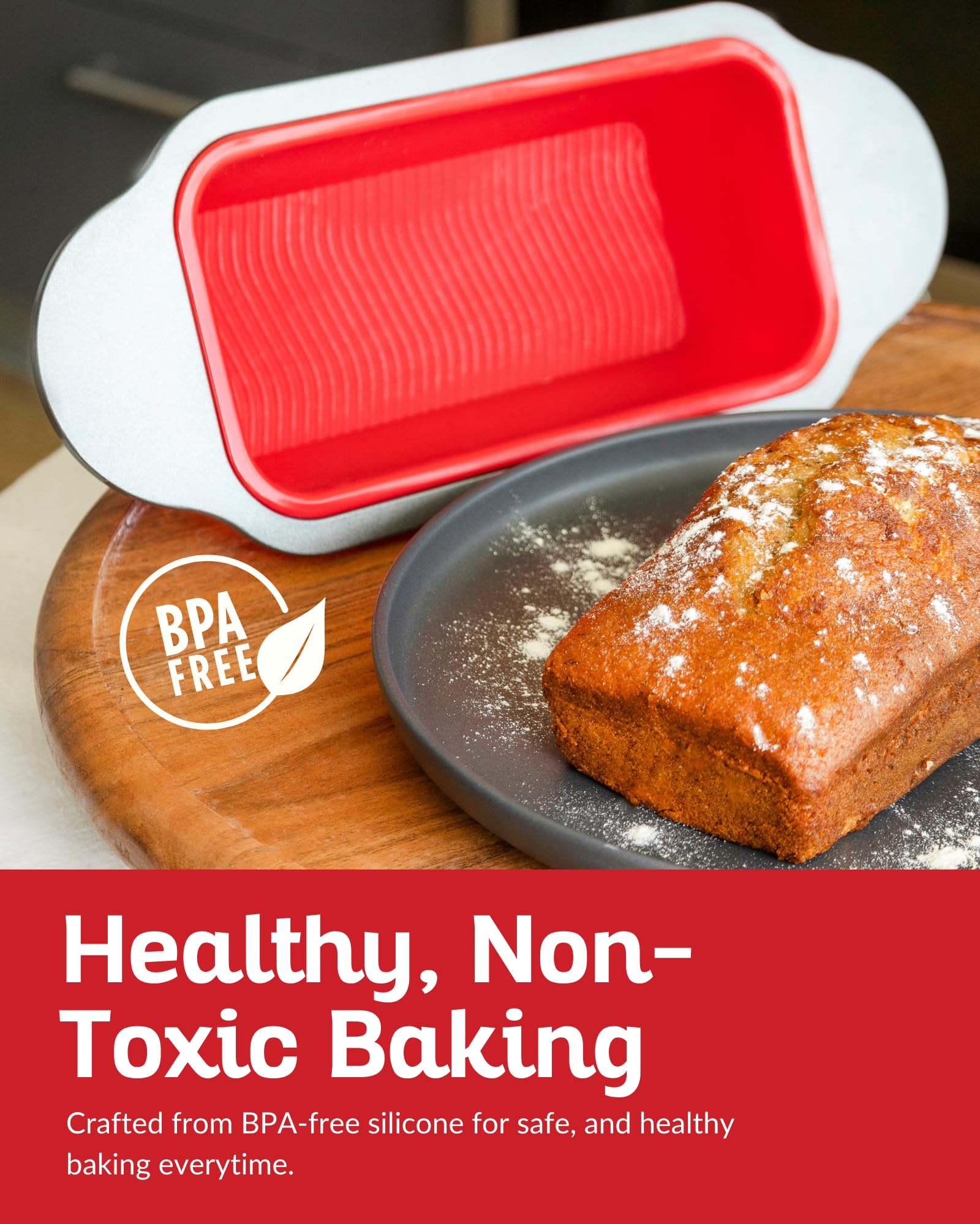 Boxiki Kitchen Premium Baking Set: Silicone 9x5 Inch Bread Loaf Pan & Non-Stick Steel 8.5 Inch Banana Bread Pan with Silicone Handles.