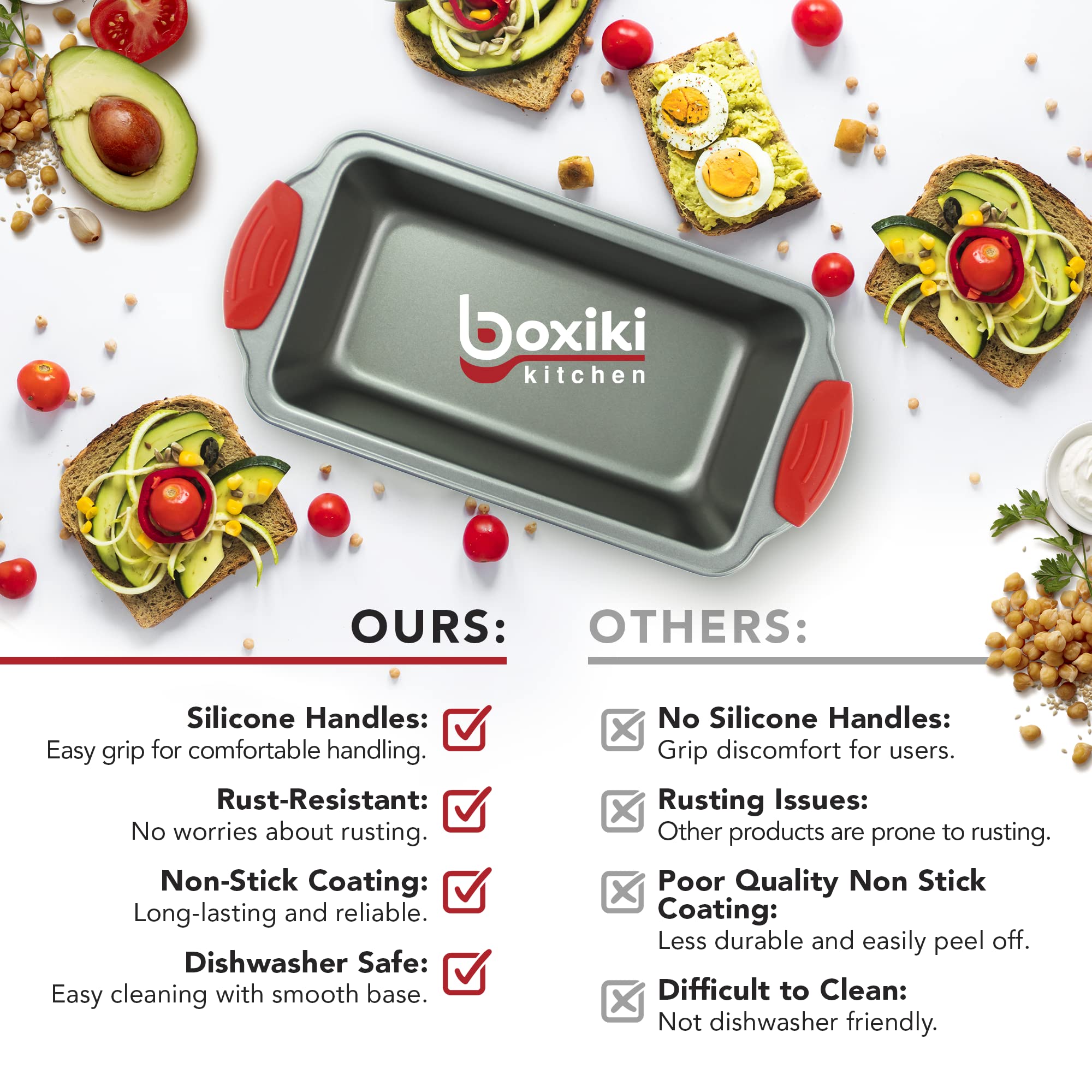 Boxiki Kitchen Premium Baking Set: Silicone 9x5 Inch Bread Loaf Pan & Non-Stick Steel 8.5 Inch Banana Bread Pan with Silicone Handles.