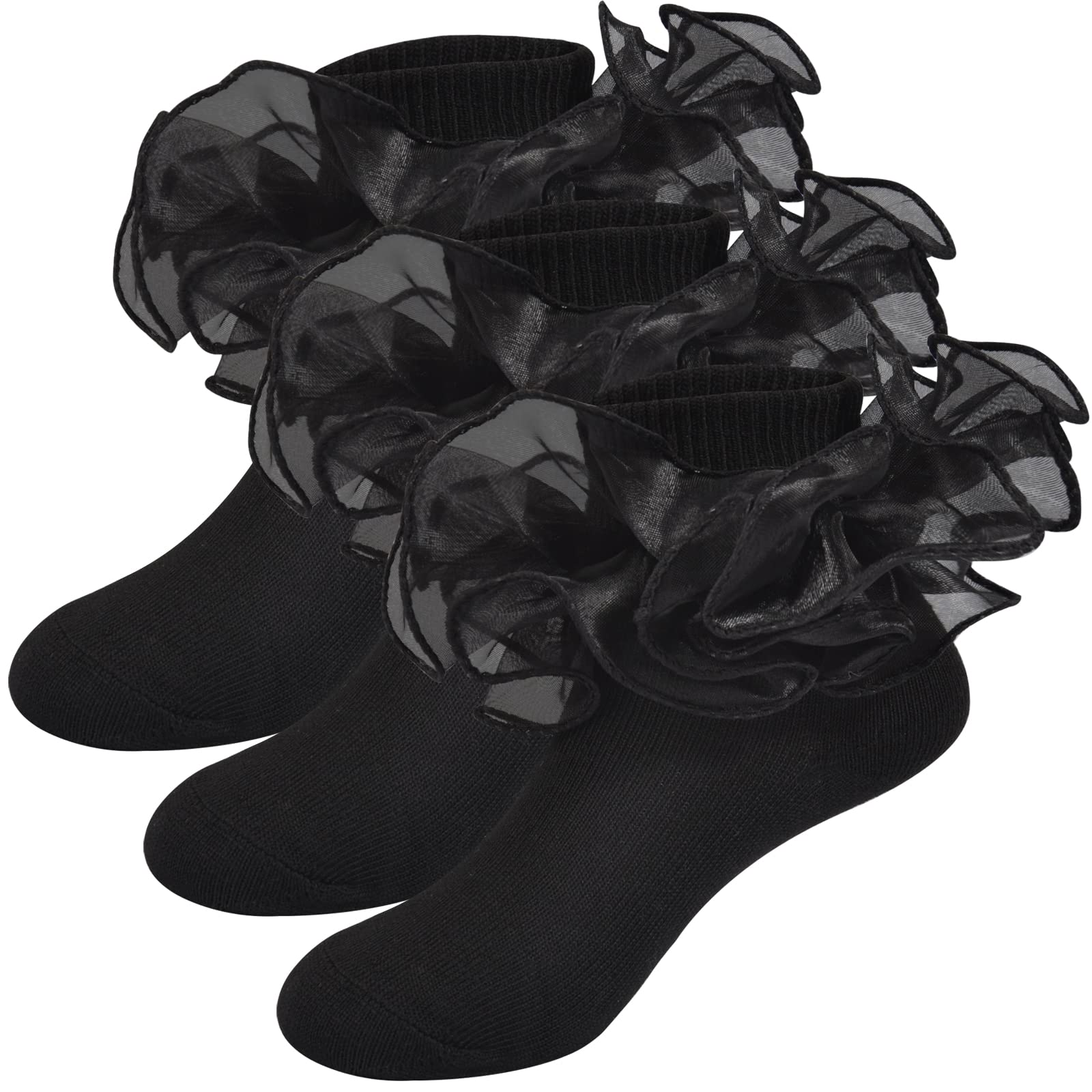 Mini angel Girls Ruffle Socks Frilly Double Lace Socks Cotton Turn Cuff Socks 6-8 Years Pageant Socks for Kids Girls 3 Pairs (Black Set, L)