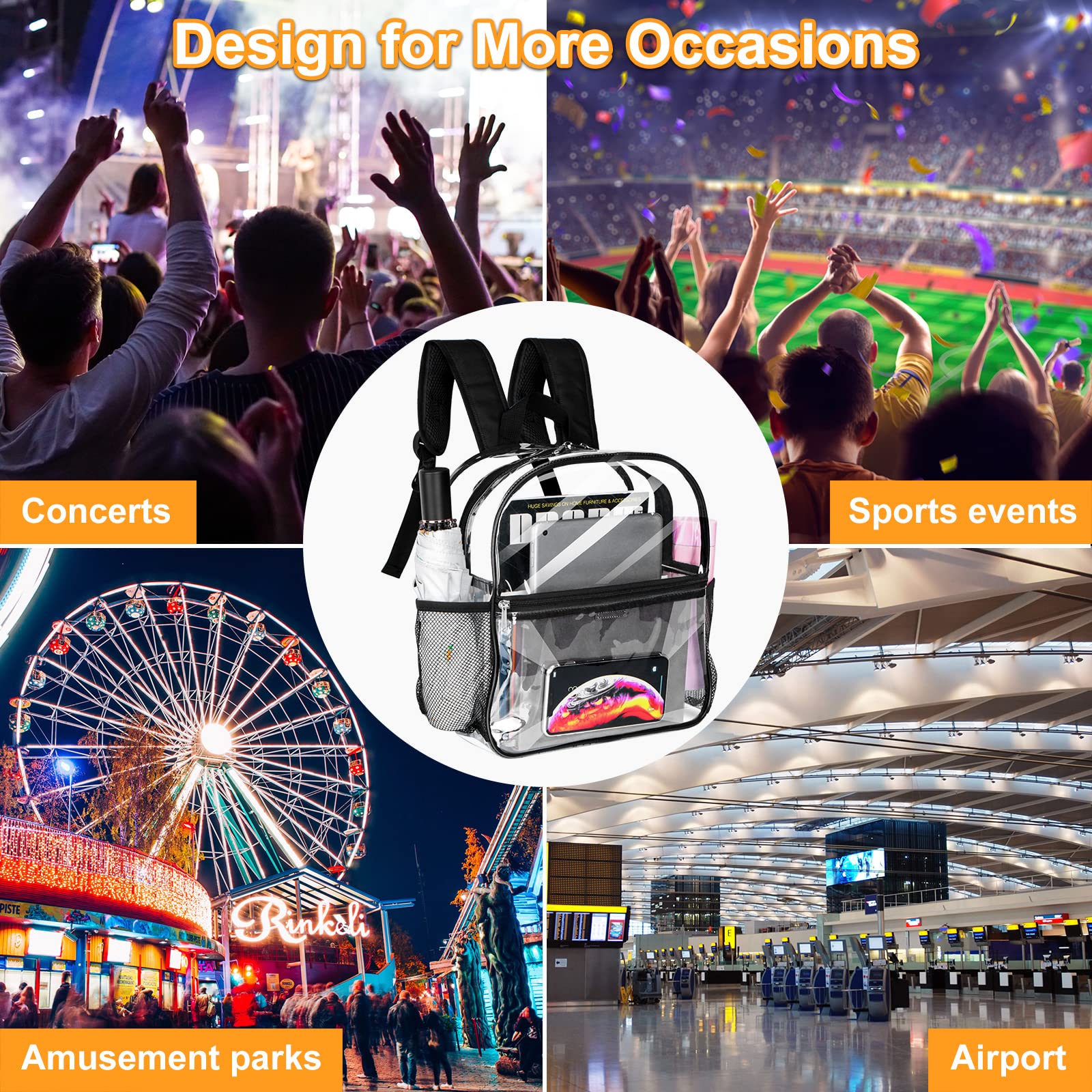 2 Pieces Clear Mini Backpack Stadium Approved 12x12x6 Stadium Backpack with 2 Water Holders Heavy Duty Clear Bookbag See Through Transparent Backpack for Concert Work Sport Games Festival Venues