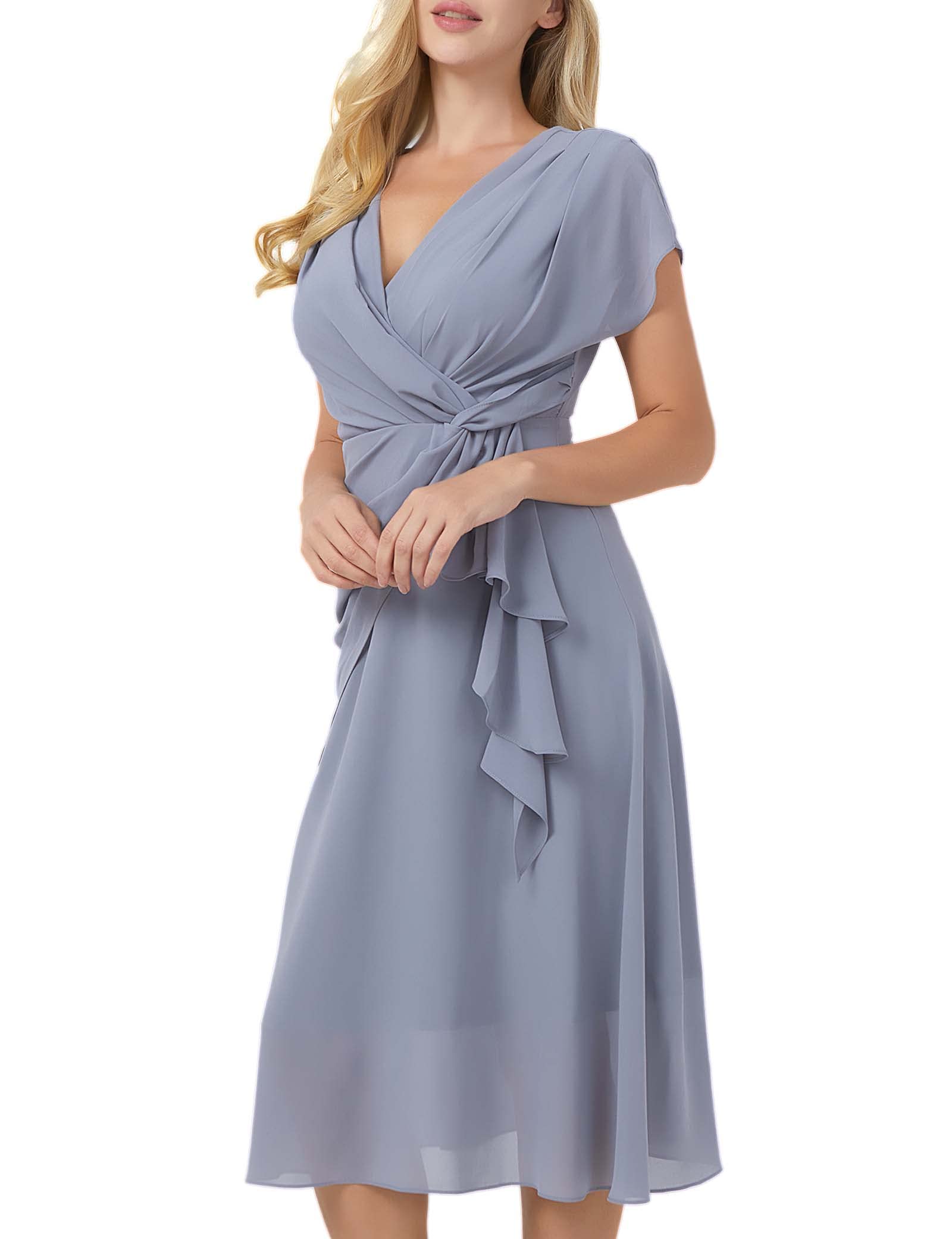 S・DEER Women's Summer Double V Neck Dress, Flutter Sleeve Ruffle Chiffon Formal Party Wedding Guest Midi Dresses(Grey,L)