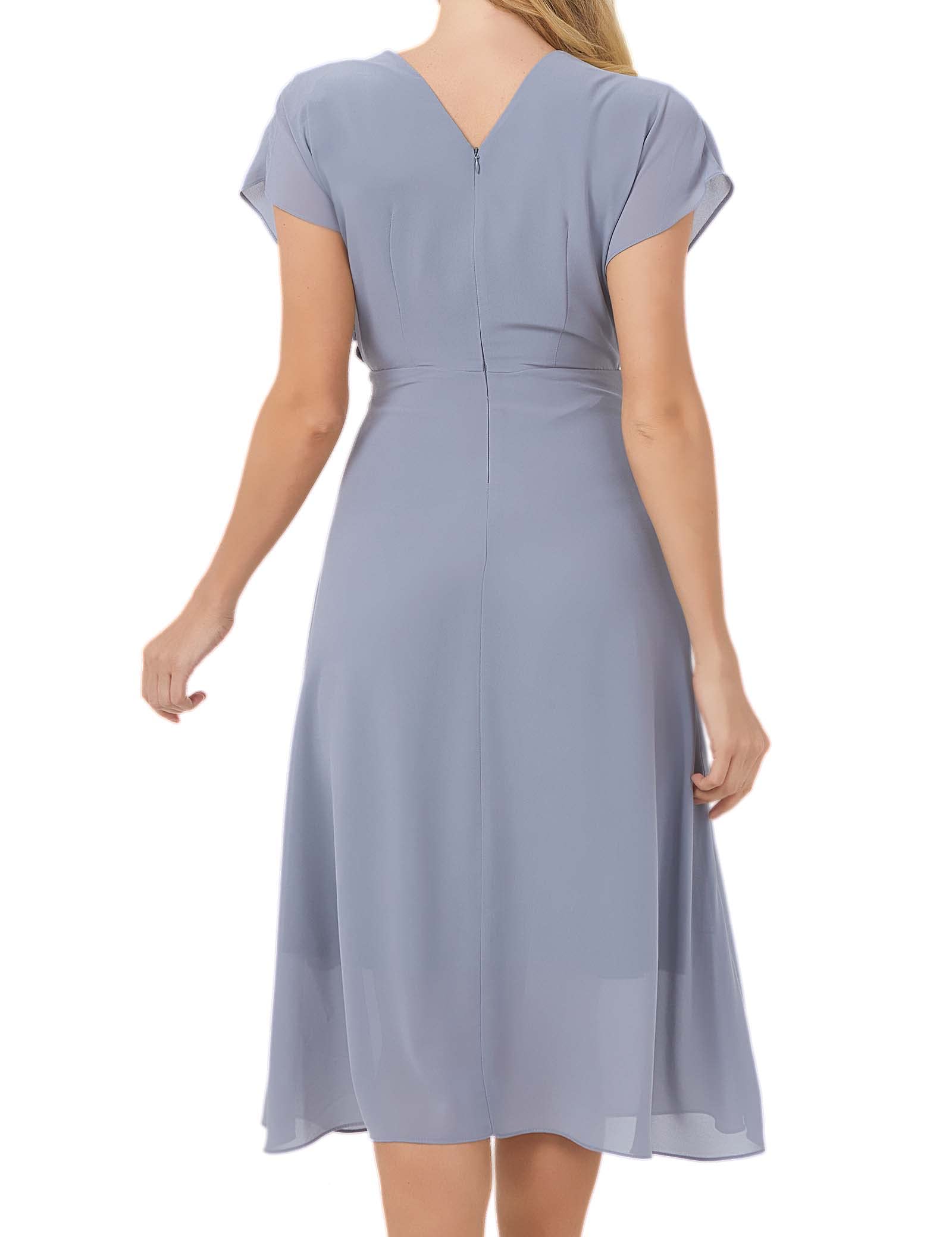 S・DEER Women's Summer Double V Neck Dress, Flutter Sleeve Ruffle Chiffon Formal Party Wedding Guest Midi Dresses(Grey,L)
