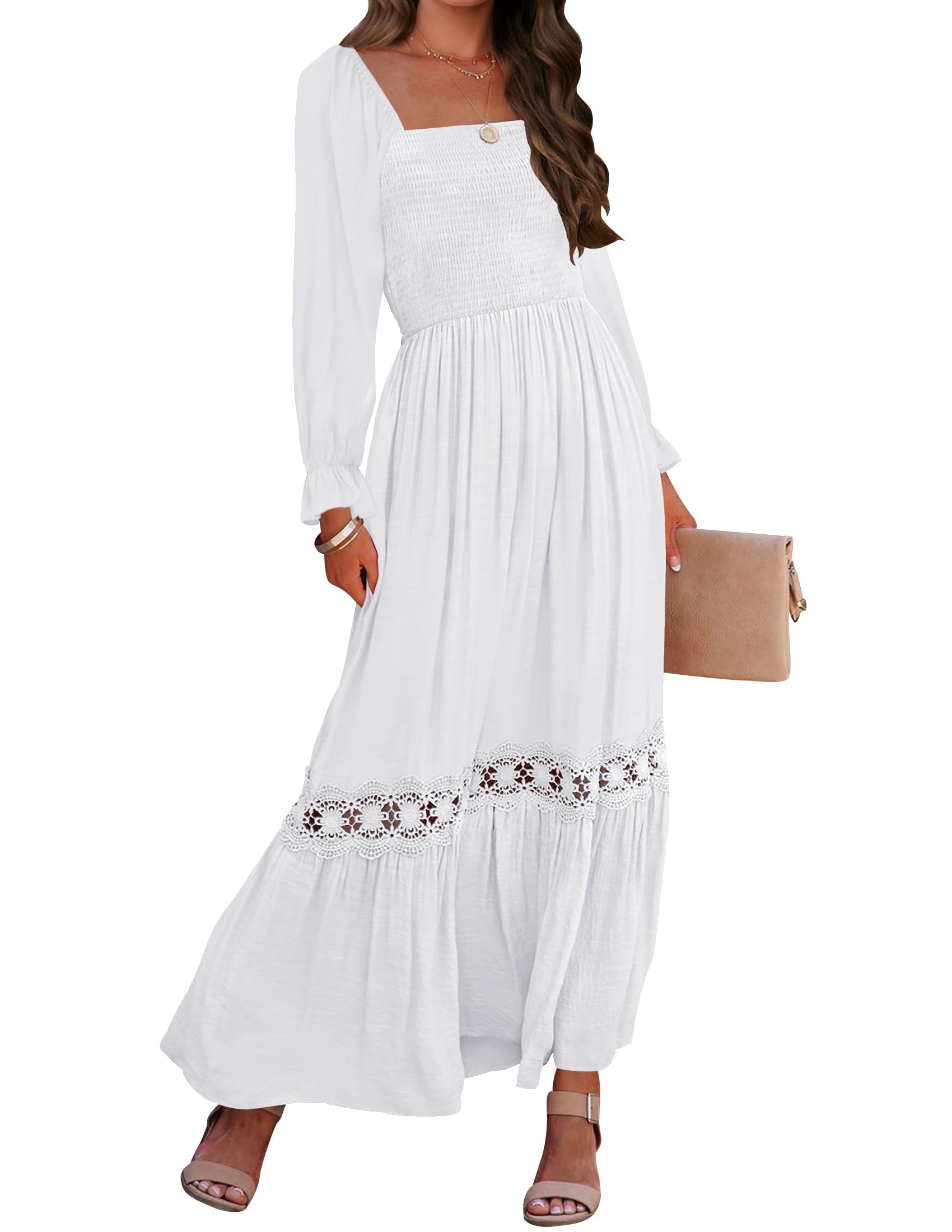 ZESICA Women's 2024 Boho Long Sleeve Square Neck Smocked High Waist Flowy A Line Lace Trim Maxi Dress White