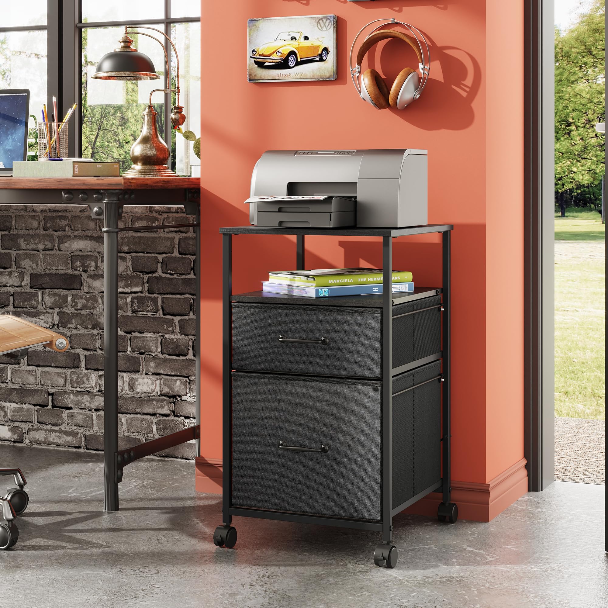 DEVAISE 2 Drawer Mobile File Cabinet, Rolling Printer Stand with Open Storage Shelf, Fabric Vertical Filing Cabinet fits A4 or Letter Size for Home Office, Black