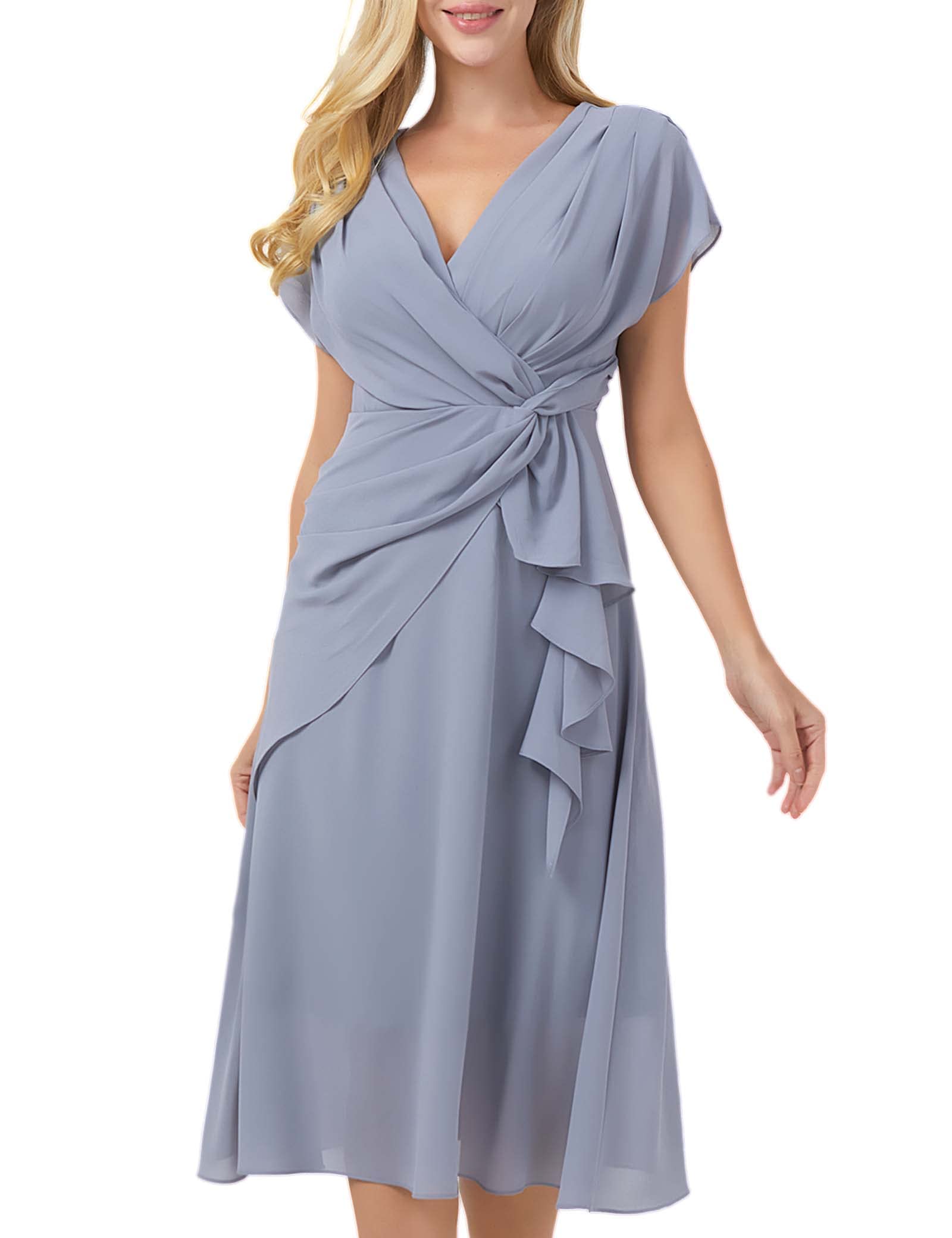 Sγ»DEER Women's Summer Double V Neck Dress, Flutter Sleeve Ruffle Chiffon Formal Party Wedding Guest Midi Dresses(Grey,L)