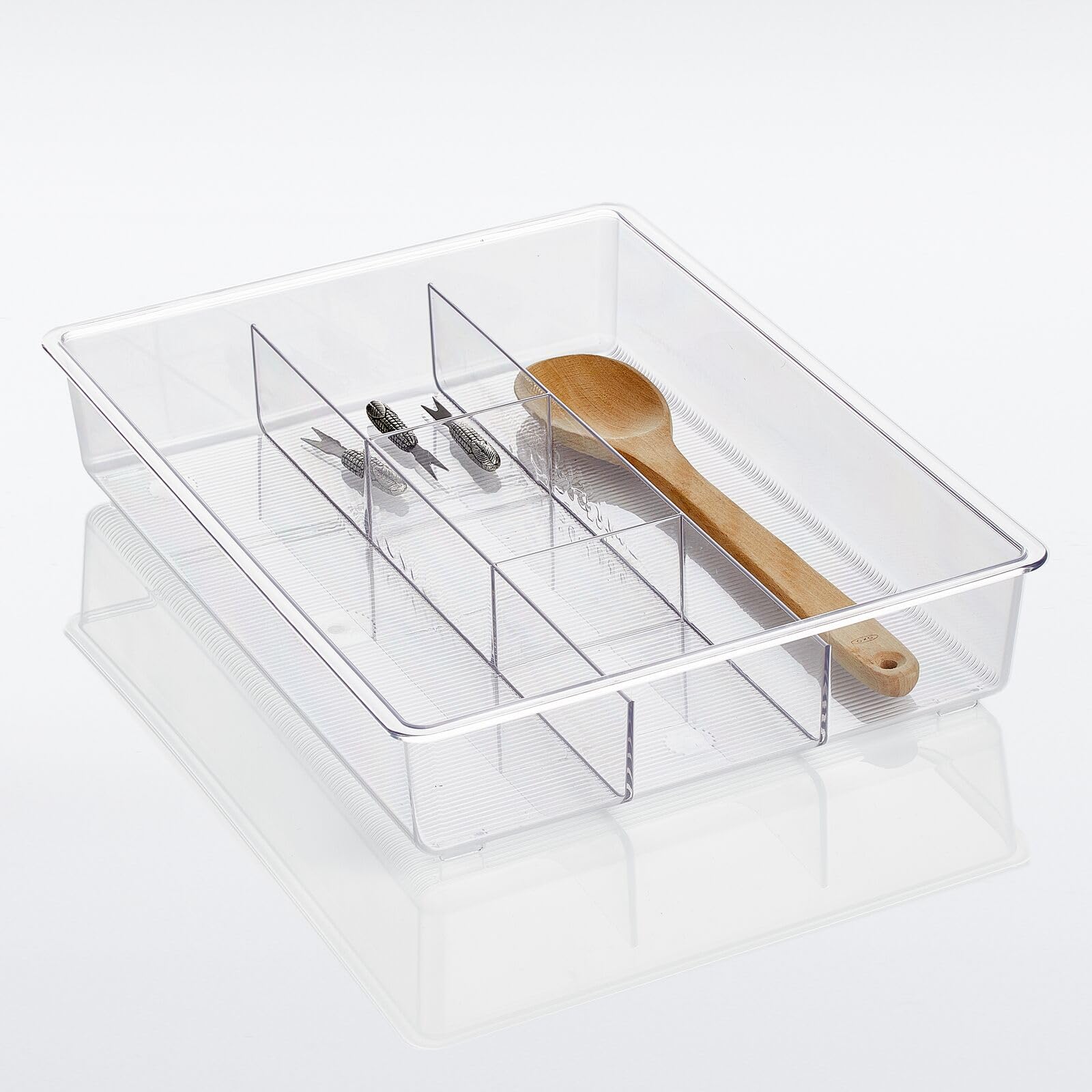 mDesign Adjustable, Expandable Plastic In-Drawer Utensil Organizer Tray Deep 3 Section Divided for Kitchen; Holds Cutlery, Flatware, Silverware, Cooking Utensils, Ligne Collection- 2 Pack - Clear