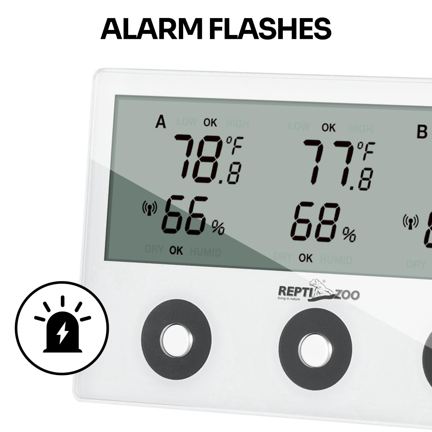 REPTI ZOO 3-Channel Reptile Thermometer Humidity Gauge, Wireless Digital Hygrometer with Alarm Function, Large Screen Display