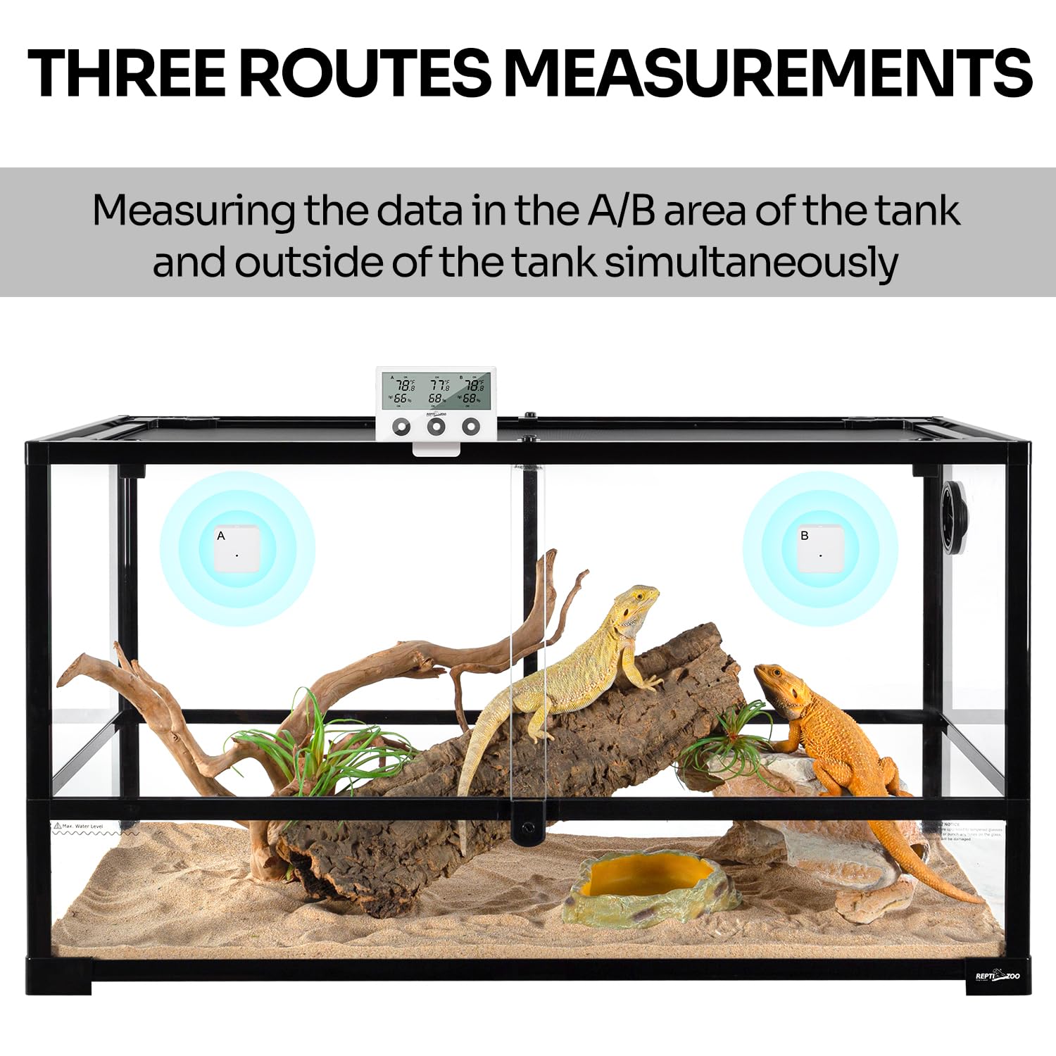 REPTI ZOO 3-Channel Reptile Thermometer Humidity Gauge, Wireless Digital Hygrometer with Alarm Function, Large Screen Display