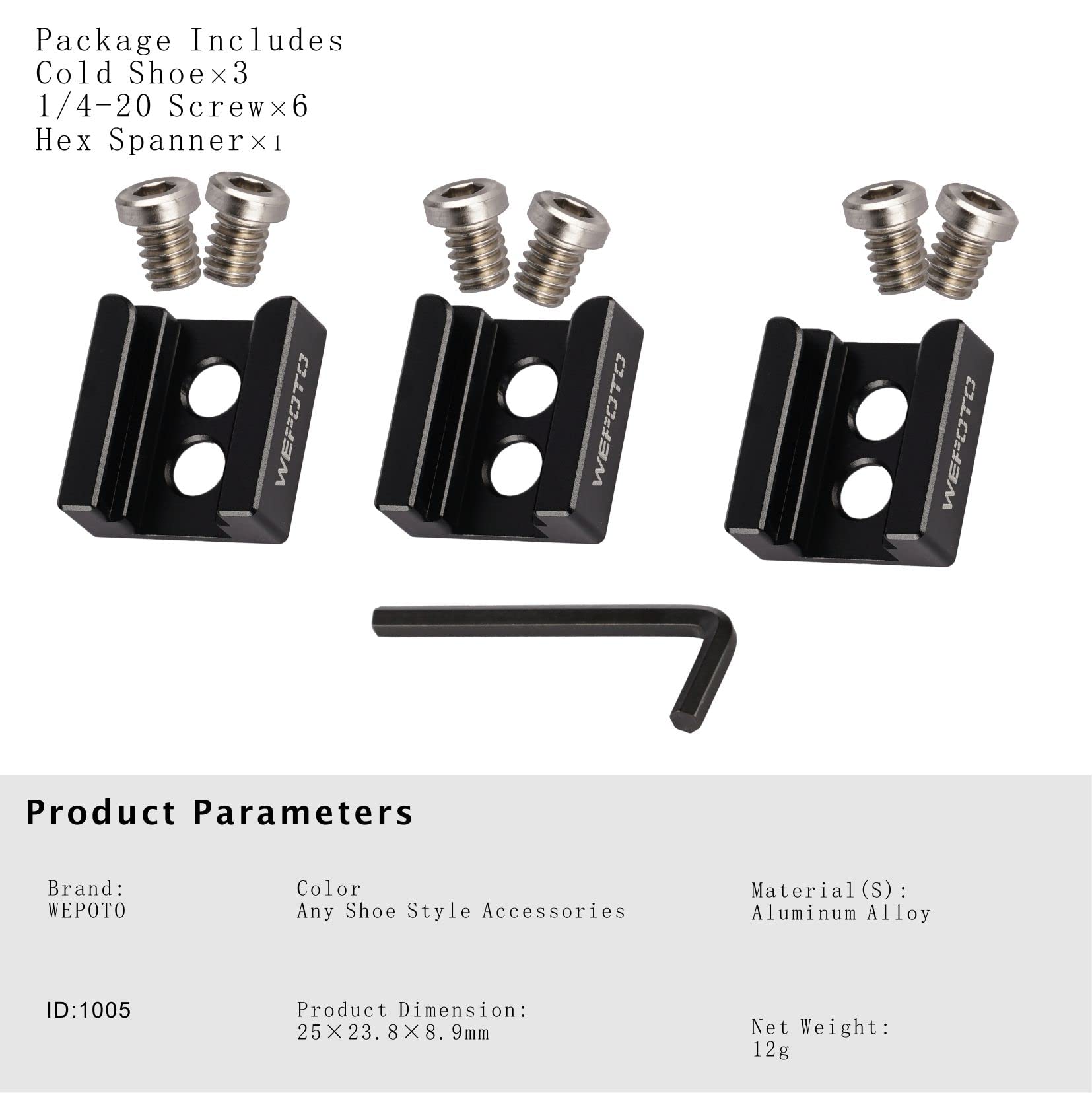 WEPOTO Cold Shoe Mount Adapter (3pcs Pack) with 1/4"-20 Thread for Camera Cage Flash LED Moniter - 1005