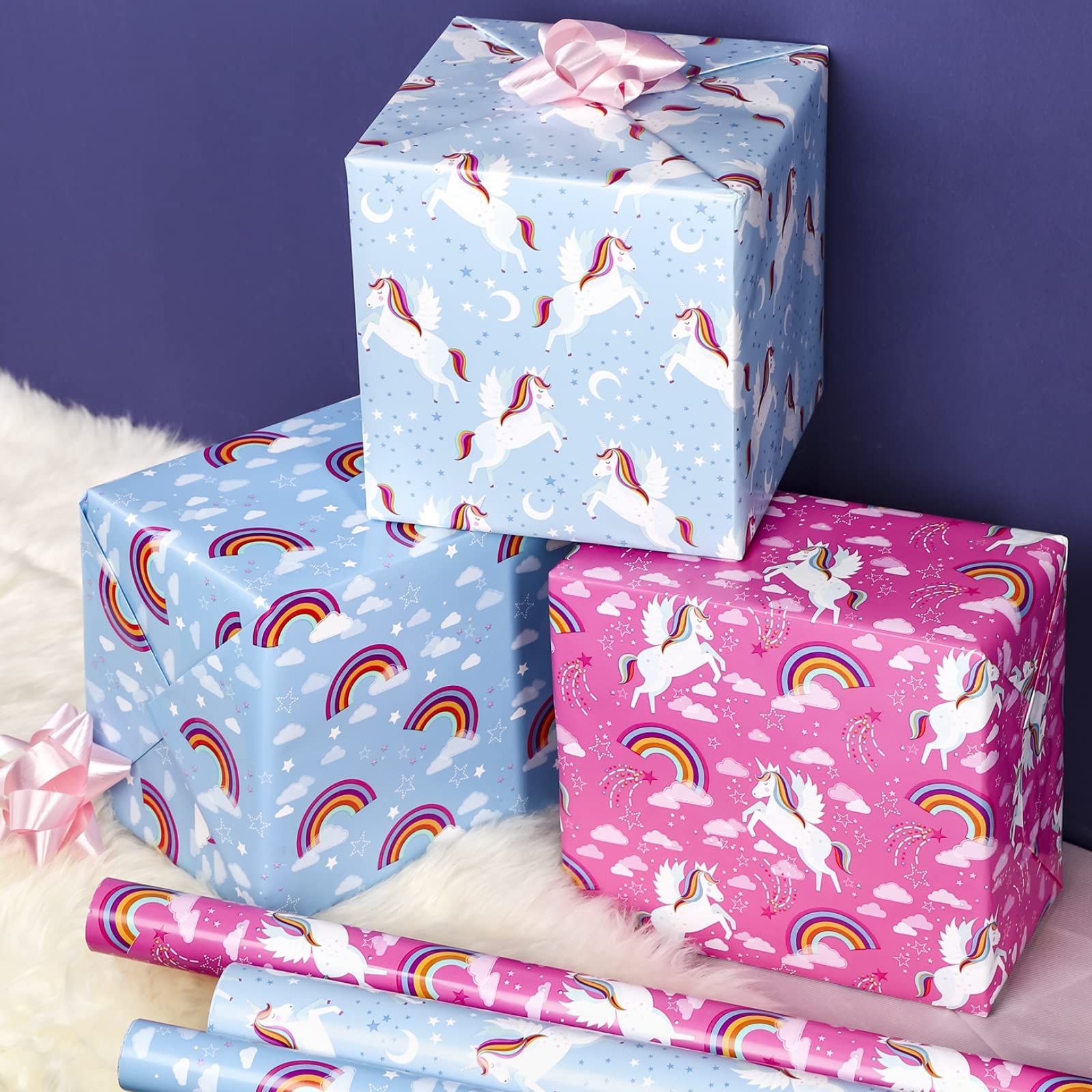 LeZakaa Unicorn Wrapping Paper Roll - 40 x 120 inches per Roll - Unicorn with Clouds and Moon/Rainbow/Star Print for Baby Shower, Kids Birthday - 4 Rolls