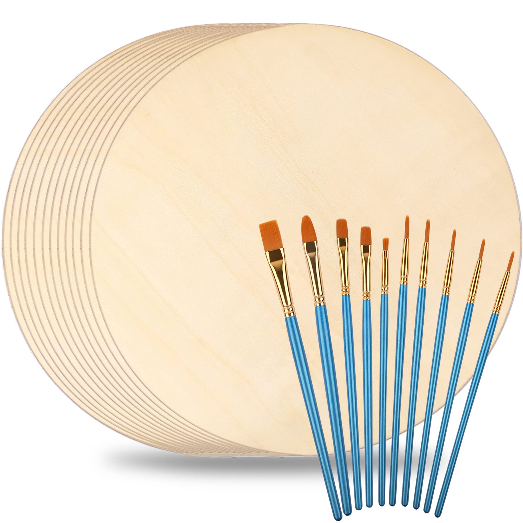 NOVWANG 12Pcs 14 Inches Wood Circles Crafts with 10 Brushes Round Wood Disc Unfinished Blank Wood Rounds for DIY Creation Painting Home Holiday Decoration (12Pcs 14 Inches)