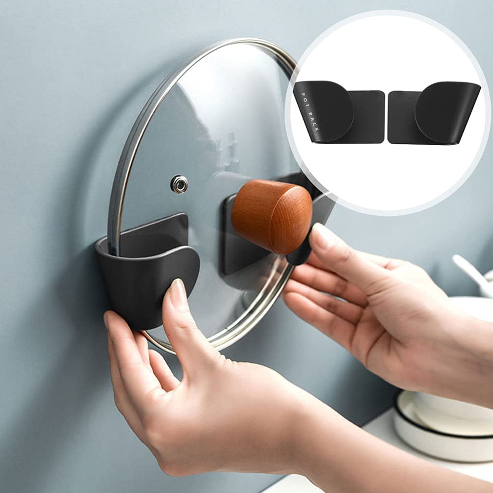Hemoton 2 Pair Black Wall Pot Lid Holder Wall Door Mounted Pan Lid Cover Hanger Rack Multifunctional Kitchen Utensil Cutting Board Organizer for Home Kitchen