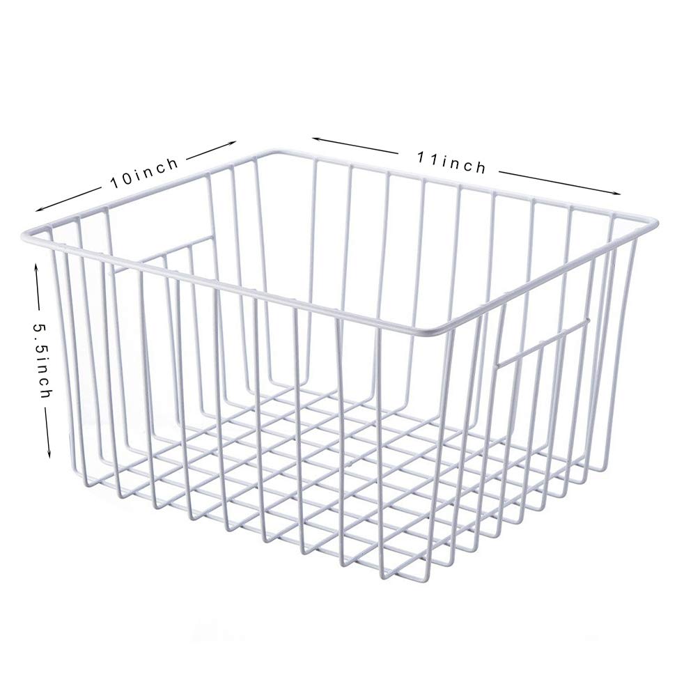 Freezer Basket Organizer, Refrigerator Metal Wire Storage Divider, Household Container Bins with Handles for Kitchen, Pantry, Cabinet, Closets - Pearl White (6, 11in x 10in x 5.5in)
