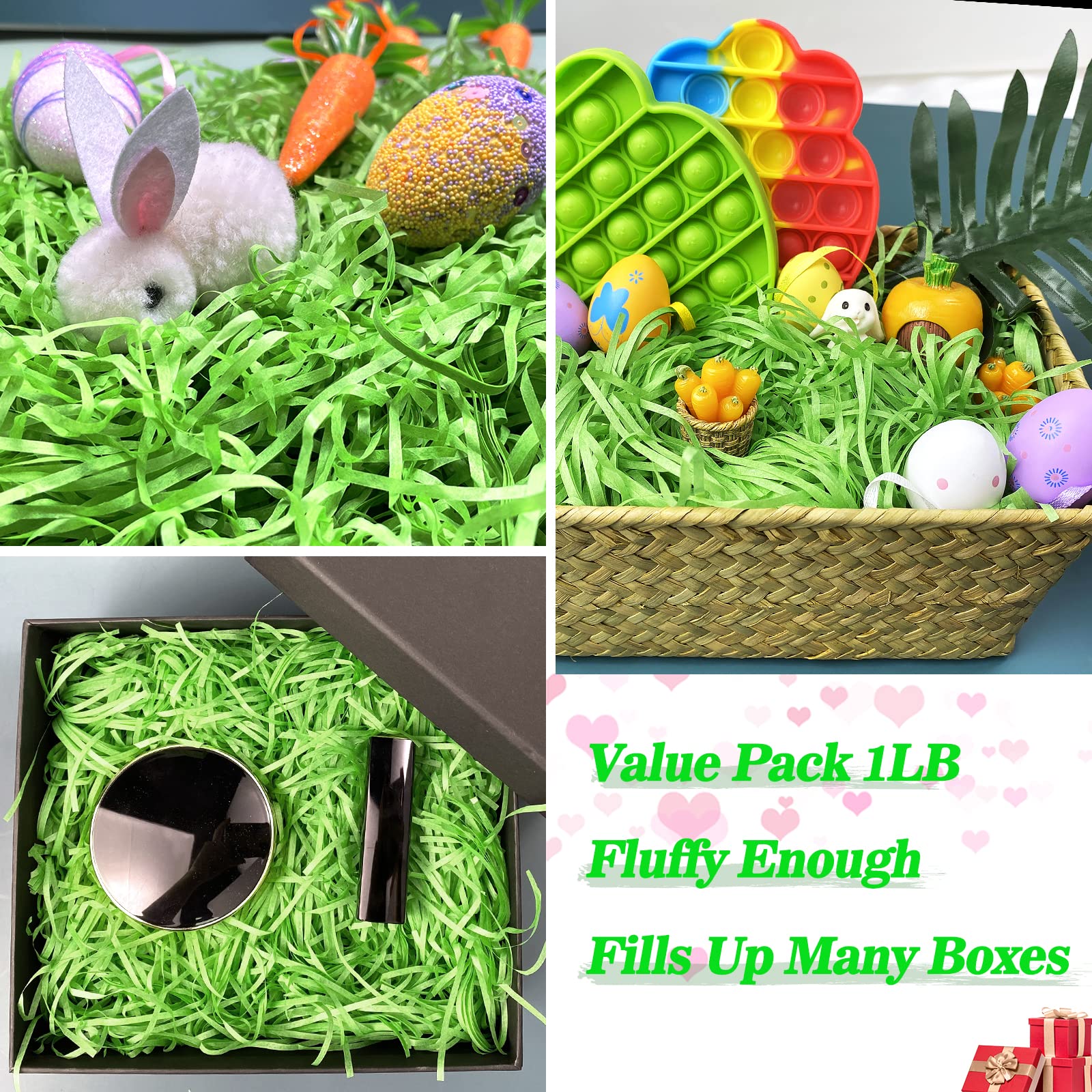 Dolkoic 1LB Easter Green Grass Raffia Grass Large Pack Green Recyclable Shred Paper for Easter Gift Basket Filler Easter Party Decoration Wrapping Basket Filling