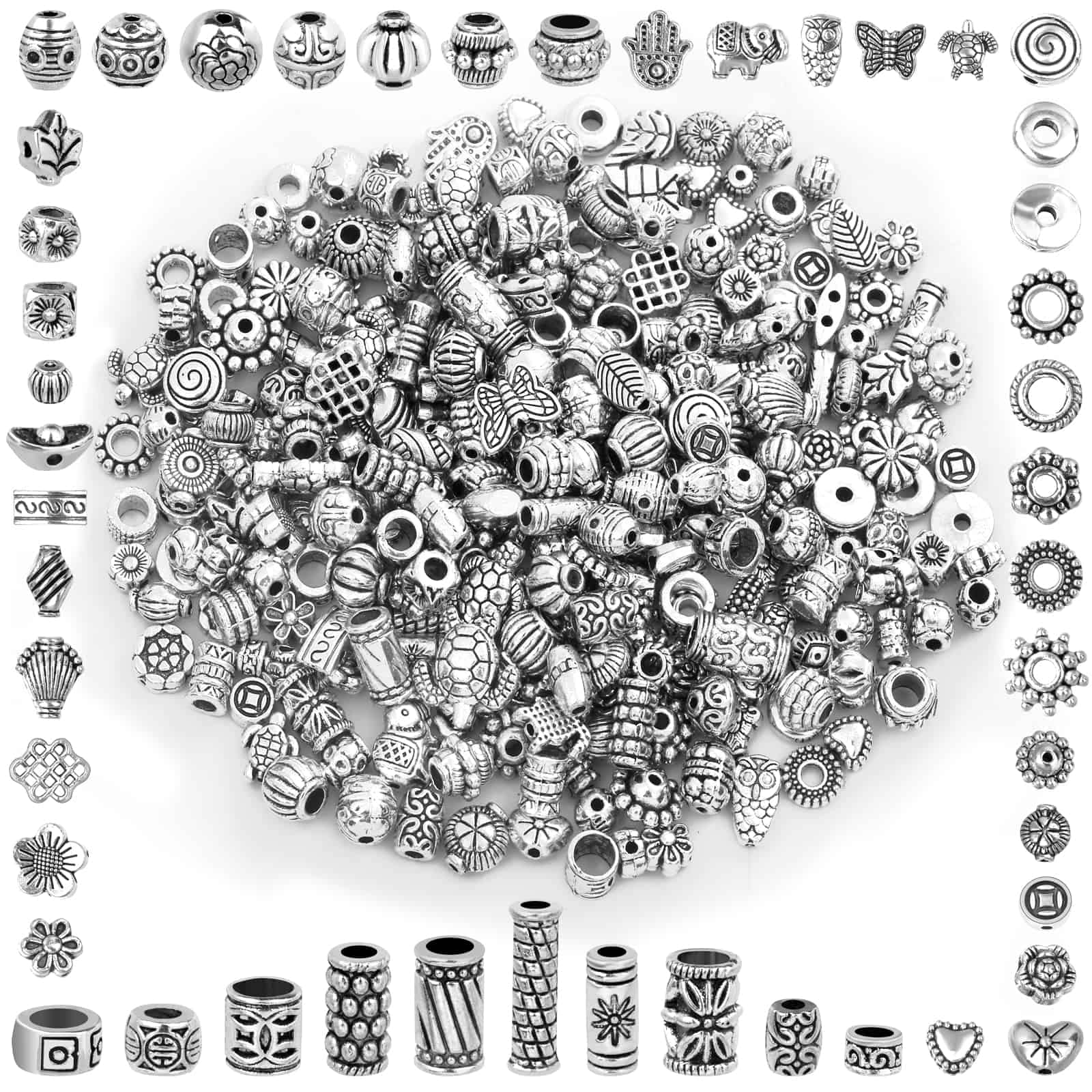 350 Pcs Silver Spacer Beads for Jewelry Making, Mixed Jewelry Spacer Beads Bulk Random Styles Metal Beads for Bracelets, Necklace, Earring Jewelry Making