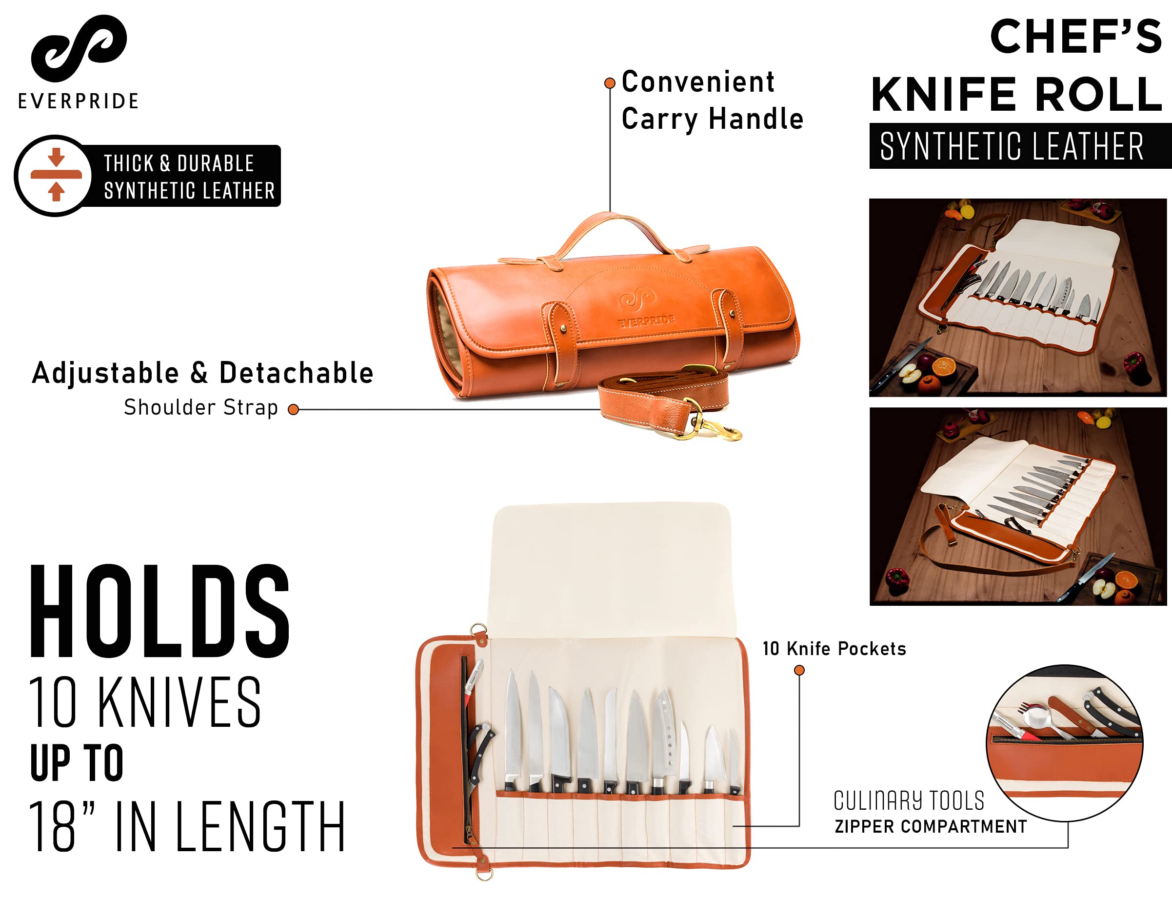 Chef Knife Bag by EVERPRIDE β Knife Roll Holds 10 Knives up to 18β PLUS Pocket for Cooking Tools β Durable Knife Carrier for Chefs and Culinary Students β Knives Not Included