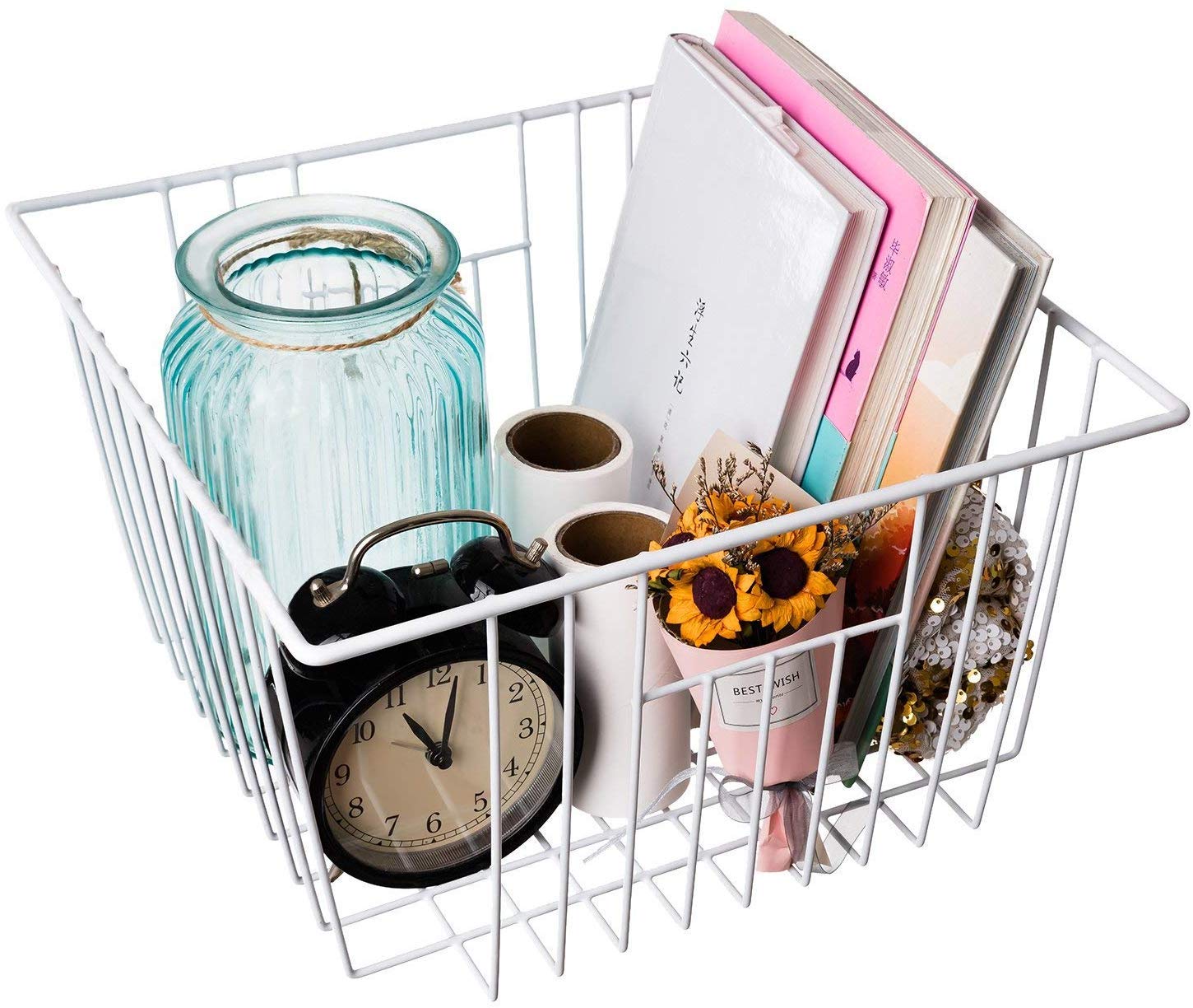 Freezer Basket Organizer, Refrigerator Metal Wire Storage Divider, Household Container Bins with Handles for Kitchen, Pantry, Cabinet, Closets - Pearl White (6, 11in x 10in x 5.5in)
