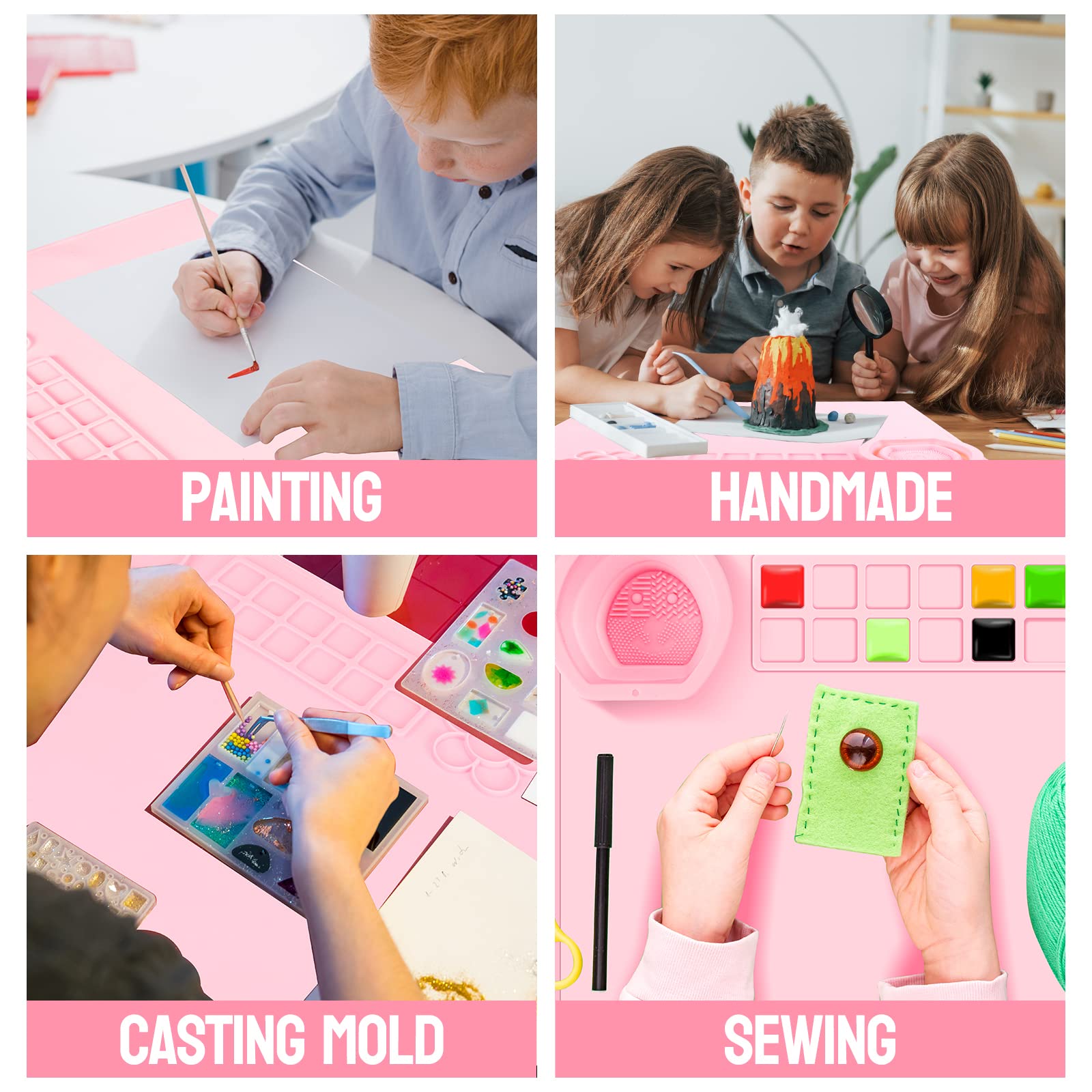 Silicone Art Mat, Silicone Mats for Crafts - Silicone Painting Mat with A4 Cutting Mat, Silicone Artist Mat with Cup for Art, Handmade, Crafts, Sewing and Scrapbooking (Pink)
