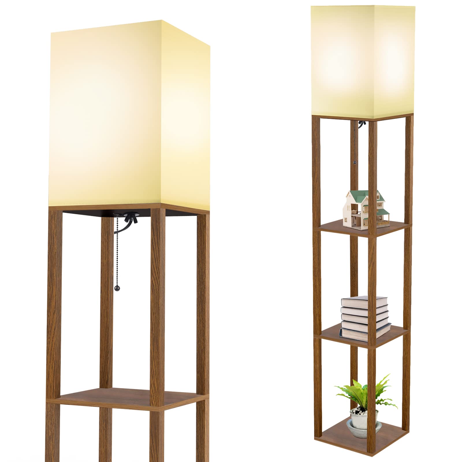 MOFFE Column Floor Lamp with Shelves, Modern Shelf Floor Lamp with 9W LED Bulb, 3 Tier Storage Display Standing Reading Lamp Narrow Corner Nightstand Light for Bedroom Living Room, Walnut