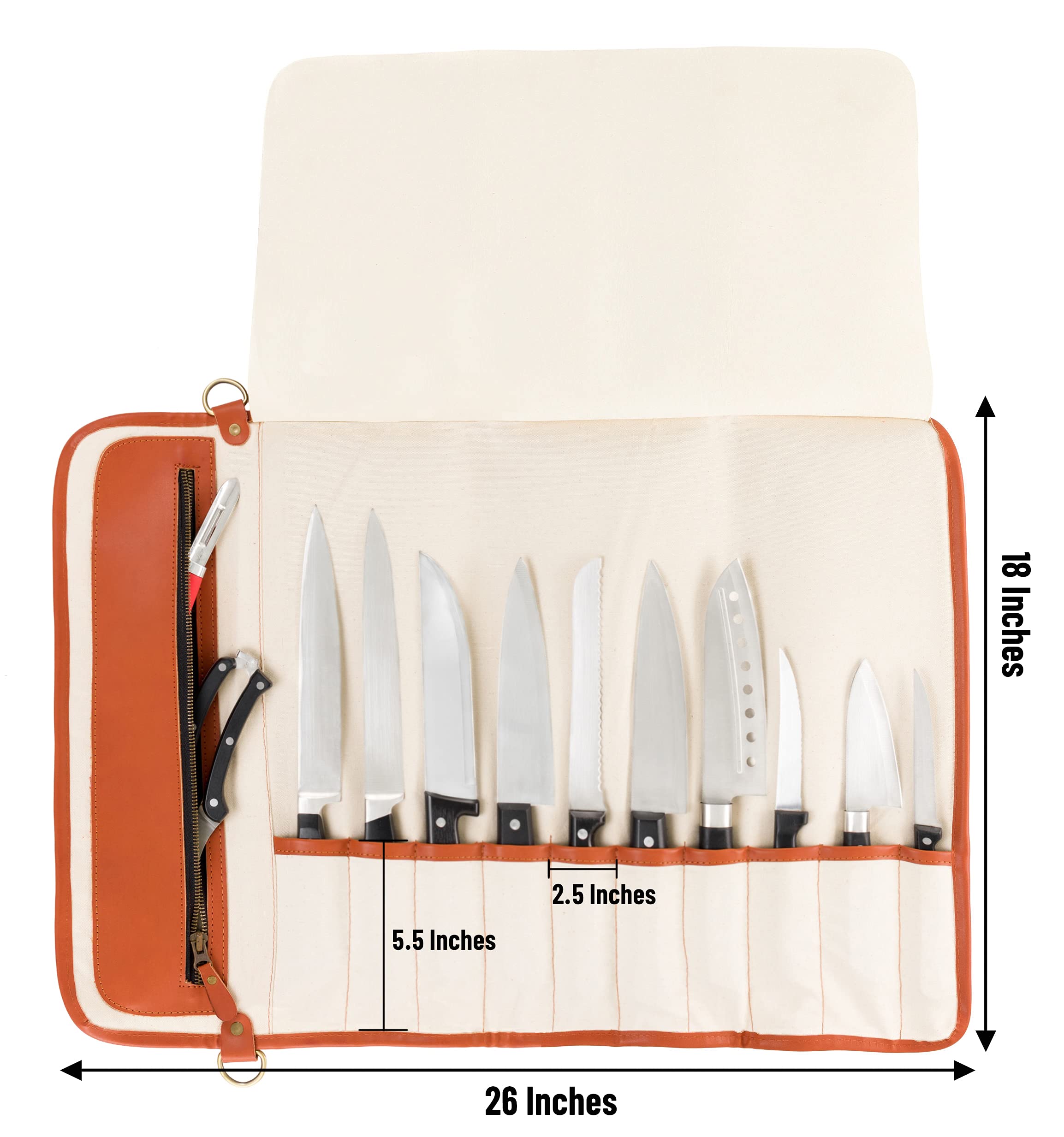 Chef Knife Bag by EVERPRIDE β Knife Roll Holds 10 Knives up to 18β PLUS Pocket for Cooking Tools β Durable Knife Carrier for Chefs and Culinary Students β Knives Not Included
